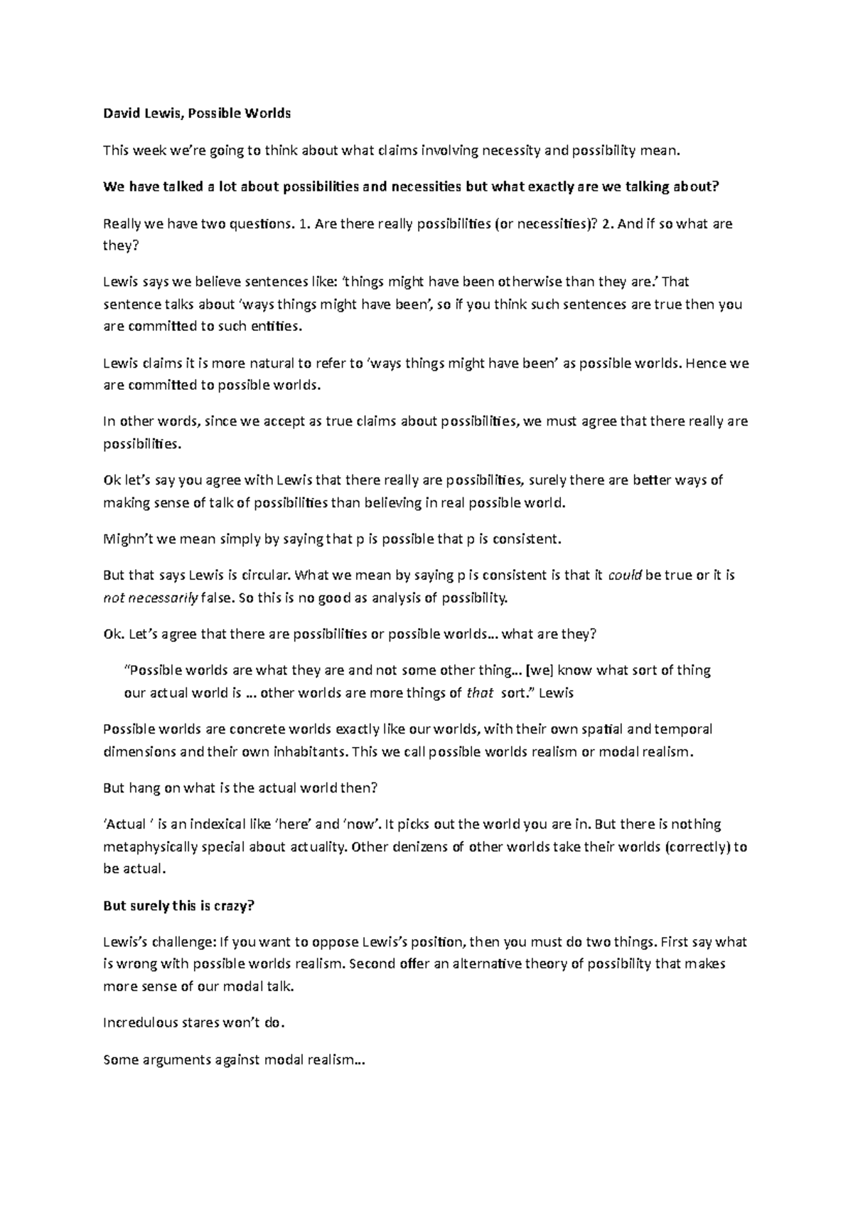 9. Lewis on extreme modal realism - PHI3024S - UCT - Studocu