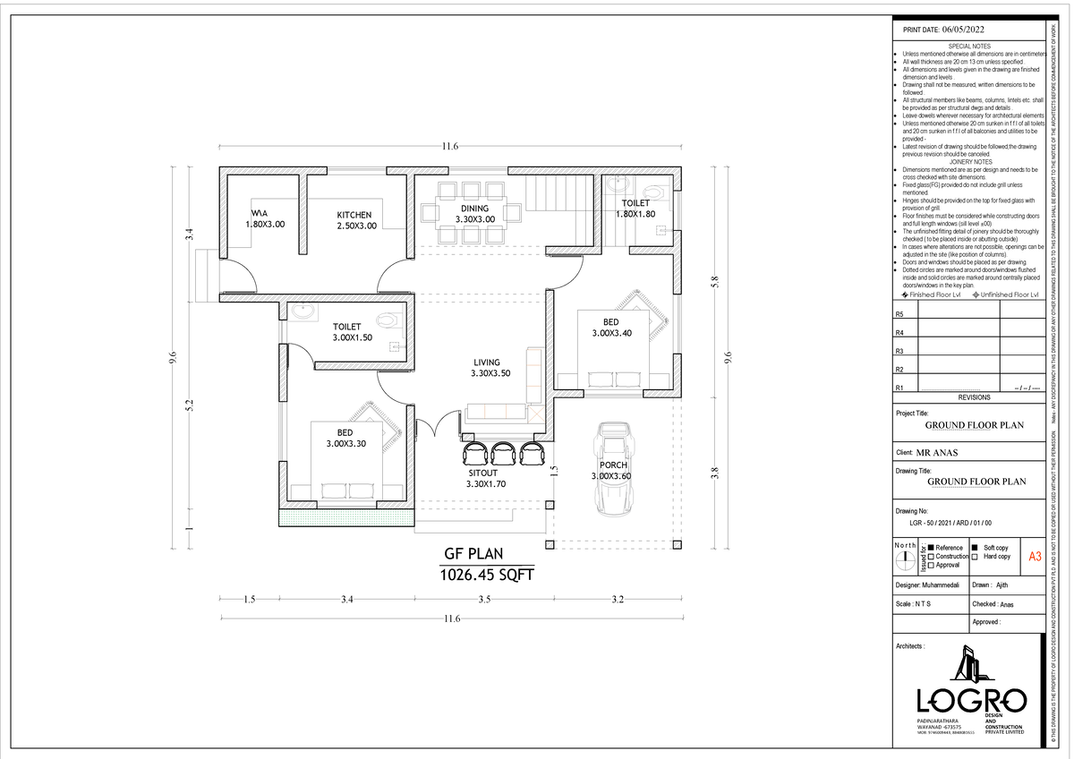MR ANAS PLAN-compound wall - GF PLAN 1026 SQFT DINING 3. KITCHEN 2. PORCH SITOUT 3. 3. LIVING 3 ...