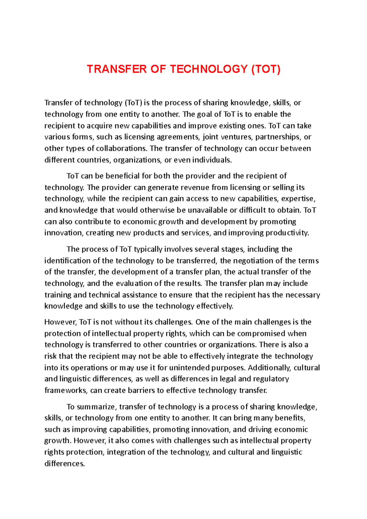 Transfer OF Technology - TRANSFER OF TECHNOLOGY (TOT) Transfer of ...