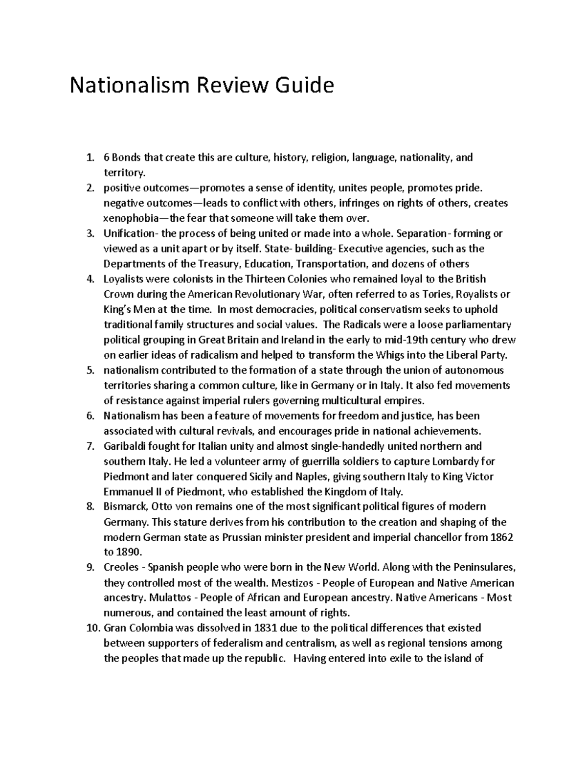 Nationialism Review Quiz - Nationalism Review Guide 6 Bonds that create ...