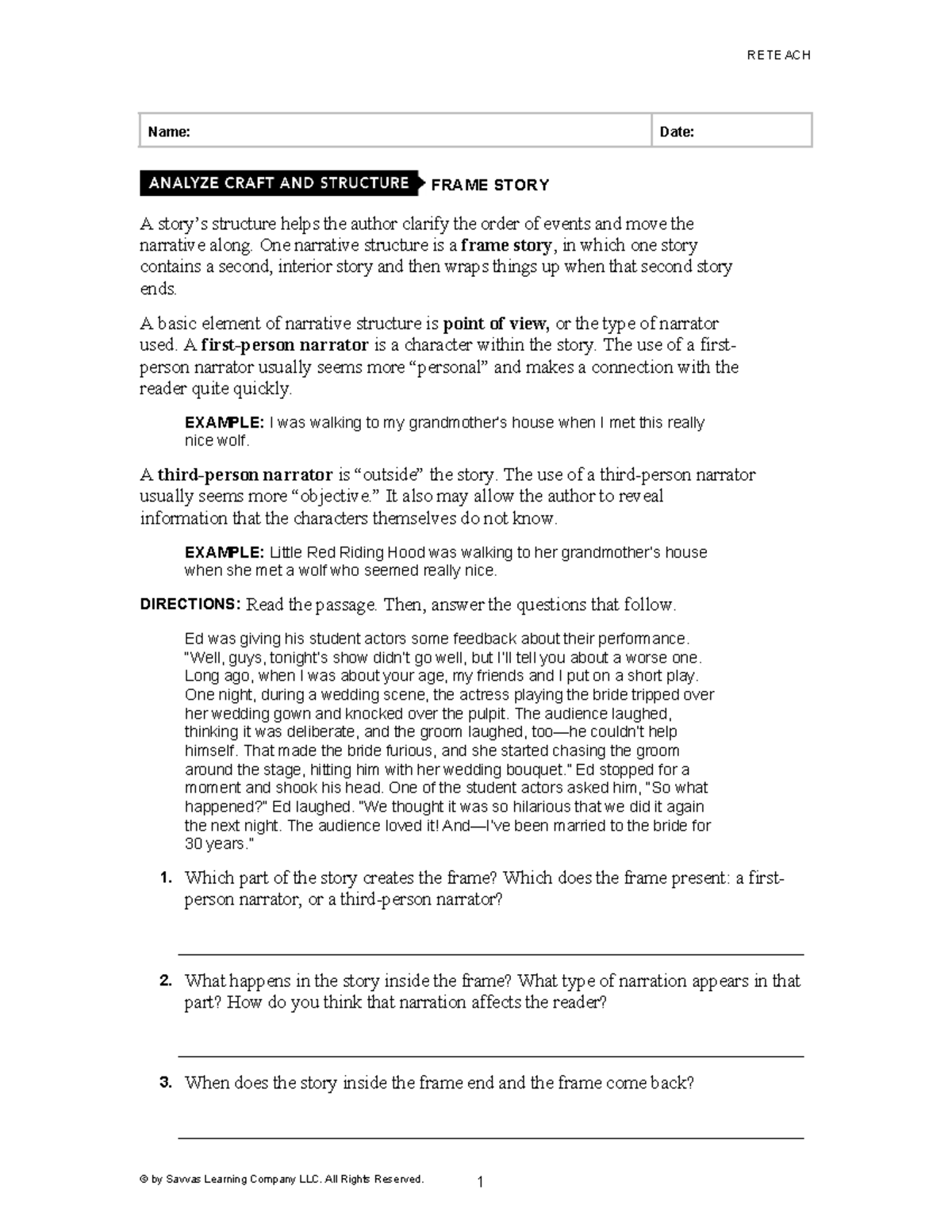 Frame Story Sev Man - Practice - RETEACH Name: Date: FRAME STORY A ...