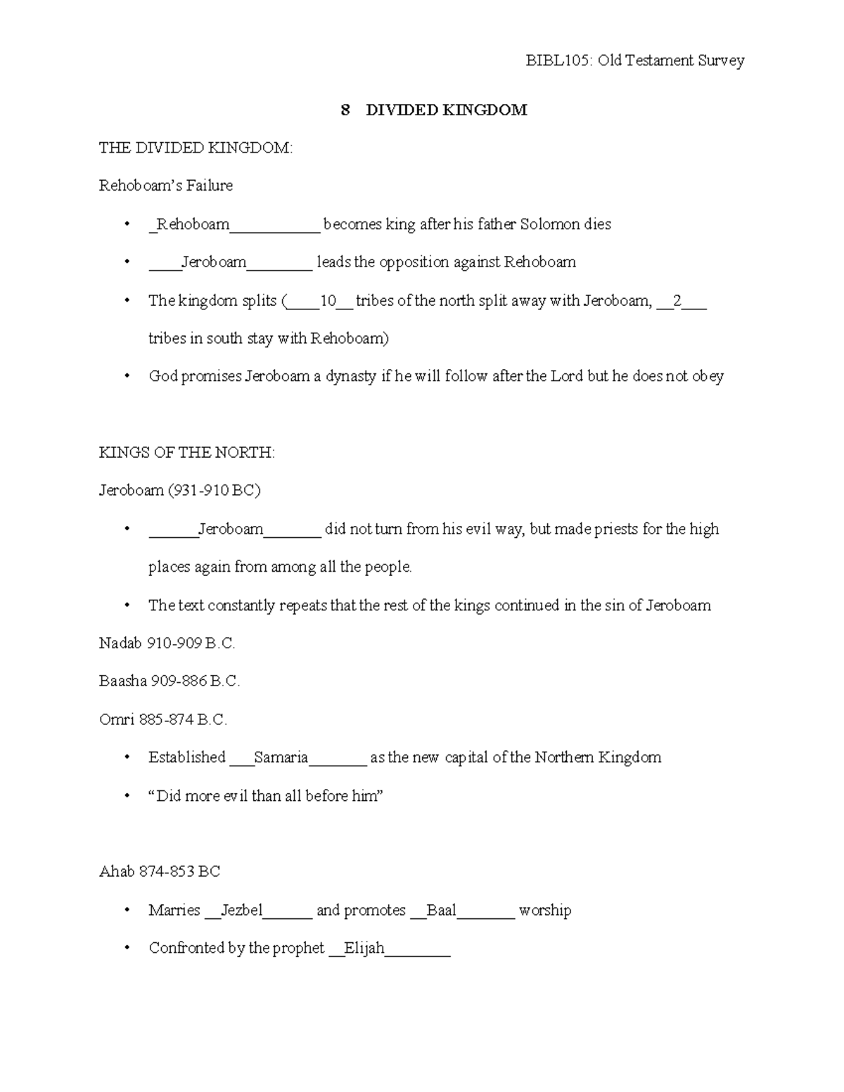 08 Divided Kingdom - Class Notes - 8 DIVIDED KINGDOM THE DIVIDED ...