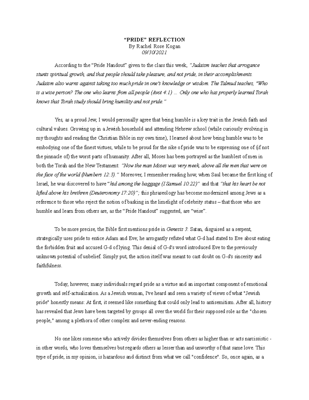 Pride Reflection - “PRIDE” REFLECTION By Rachel Rose Kogan 09/30 ...