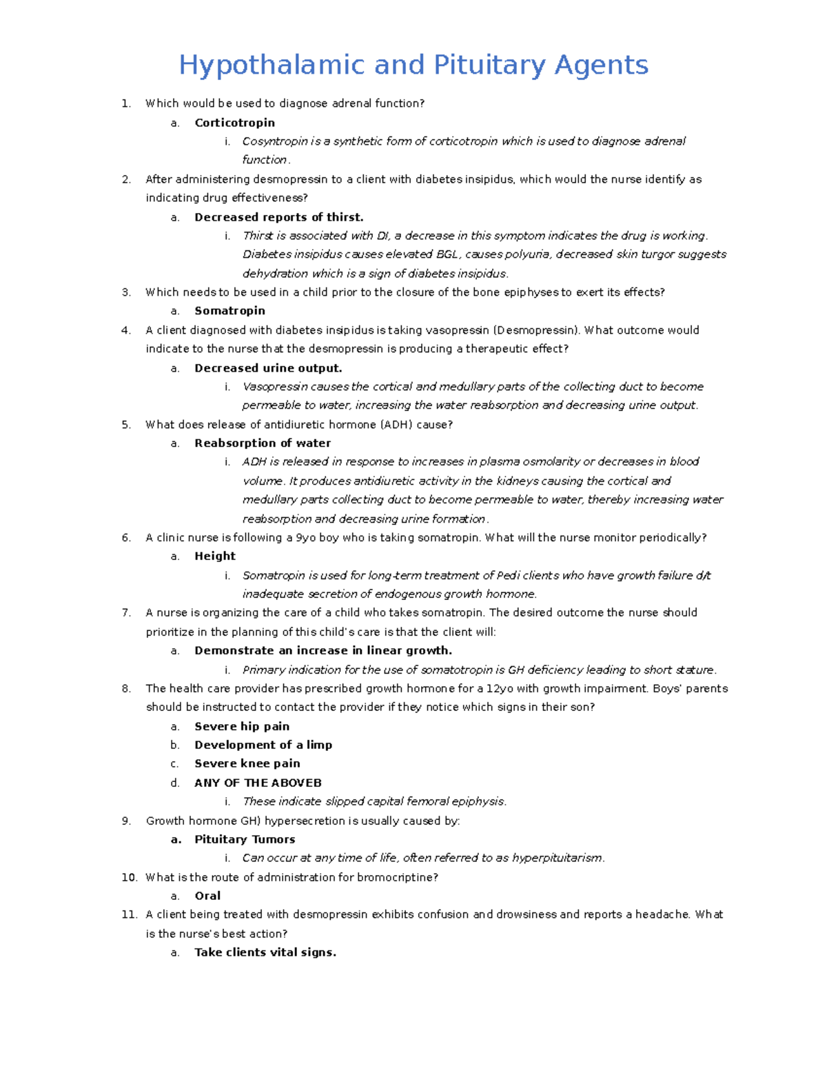 Hypothalamic and Pituitary Agents Question, answers and rationals - Hypothalamic and Pituitary ...