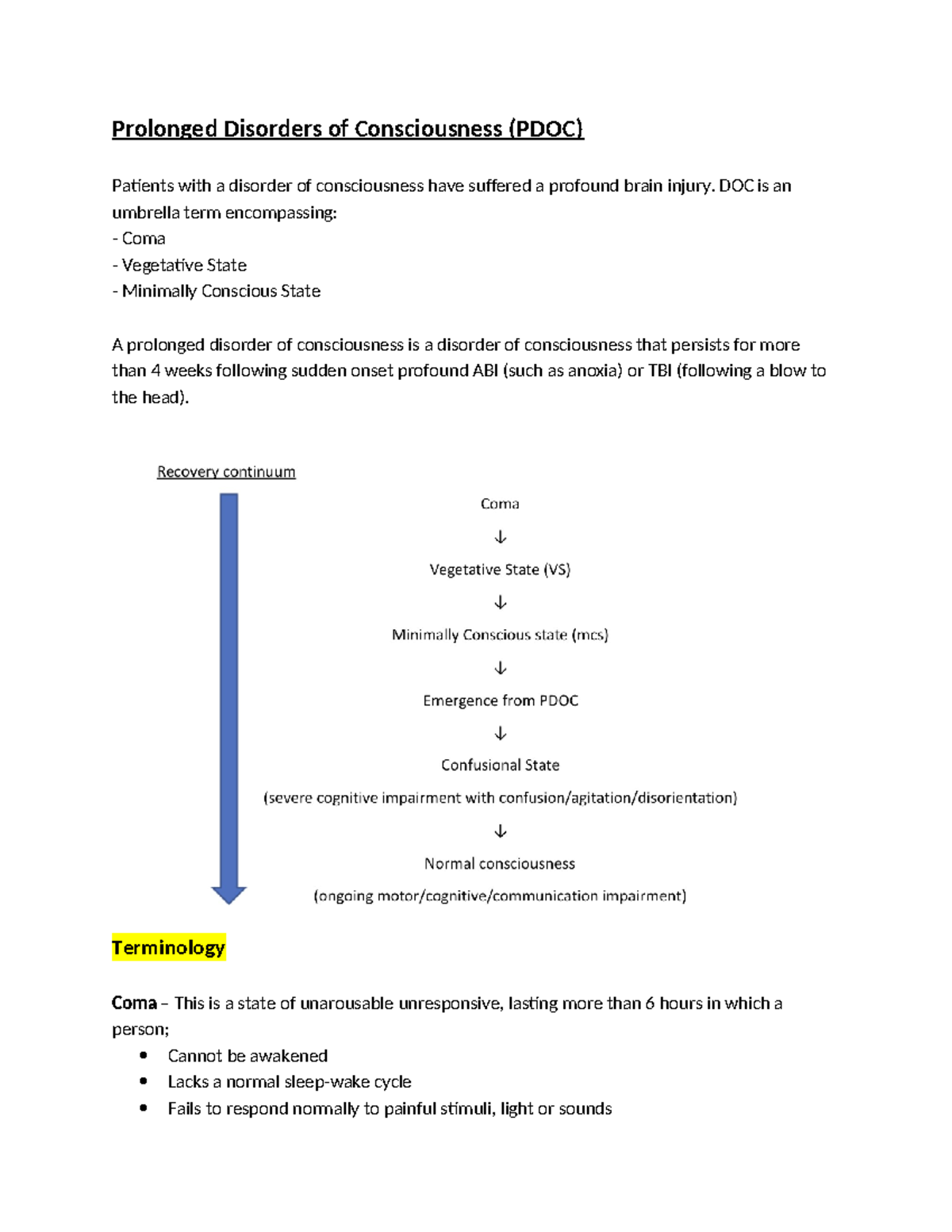 Prolonged Disorders of Consciousness (PDOC) - DOC is an umbrella term ...