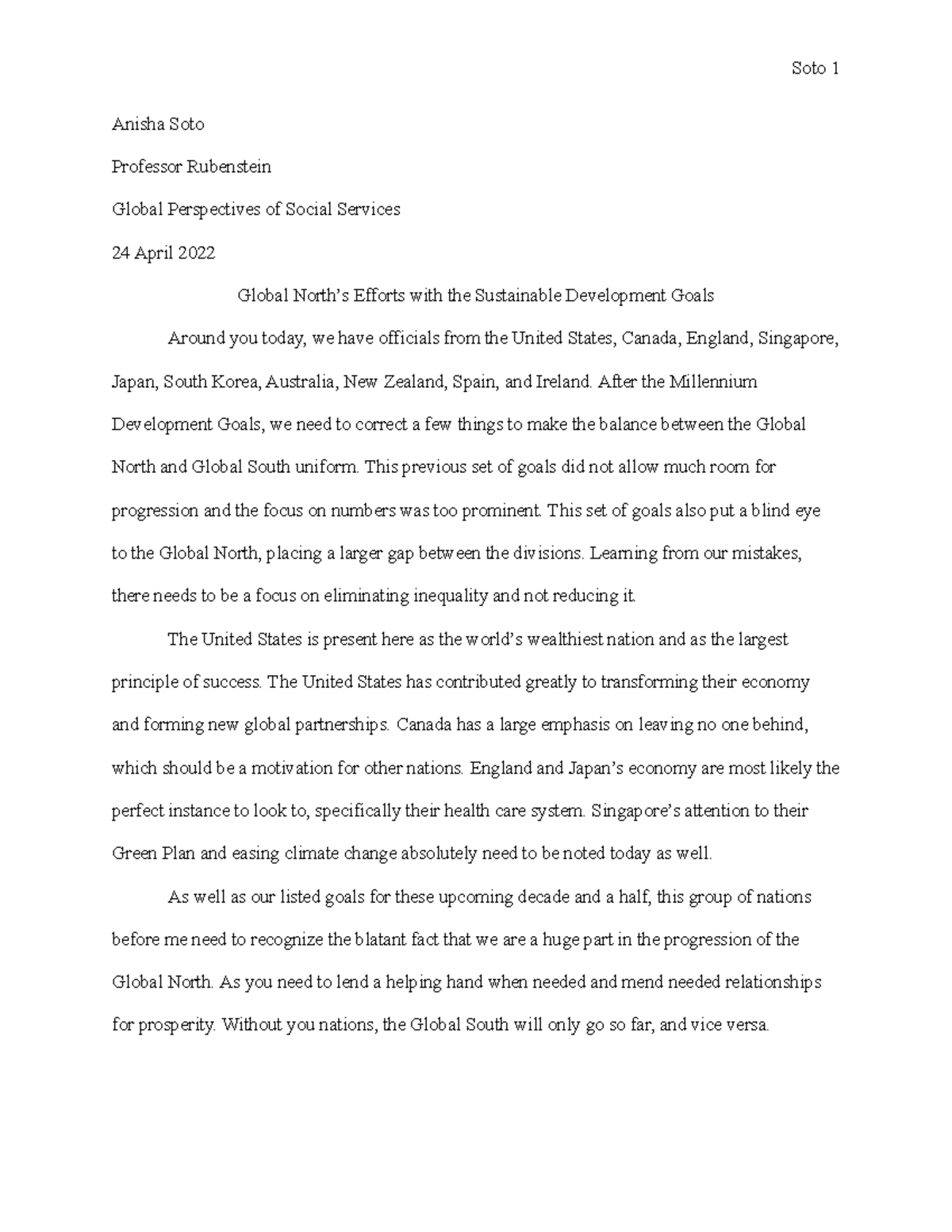 SDG Assignment-2 - Short essay assignment on the sustainable development goals. - Soto 1 Anisha ...