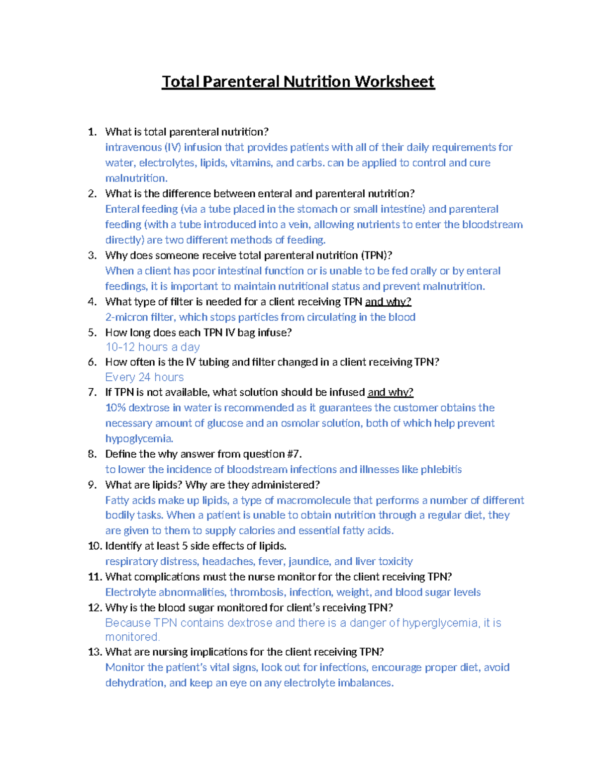 Total Parenteral Nutrition Worksheet - What is total parenteral ...