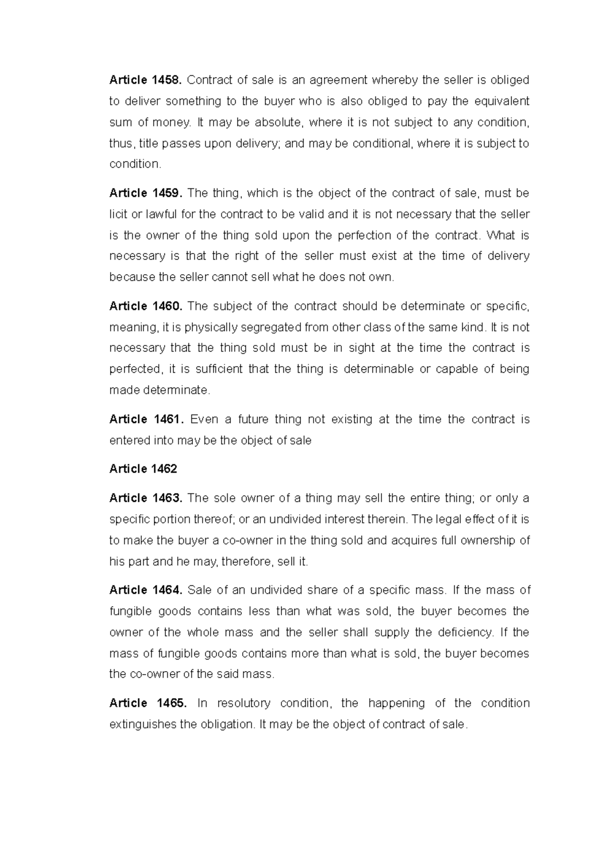 Project LAW - Article 1458. Contract of sale is an agreement whereby ...
