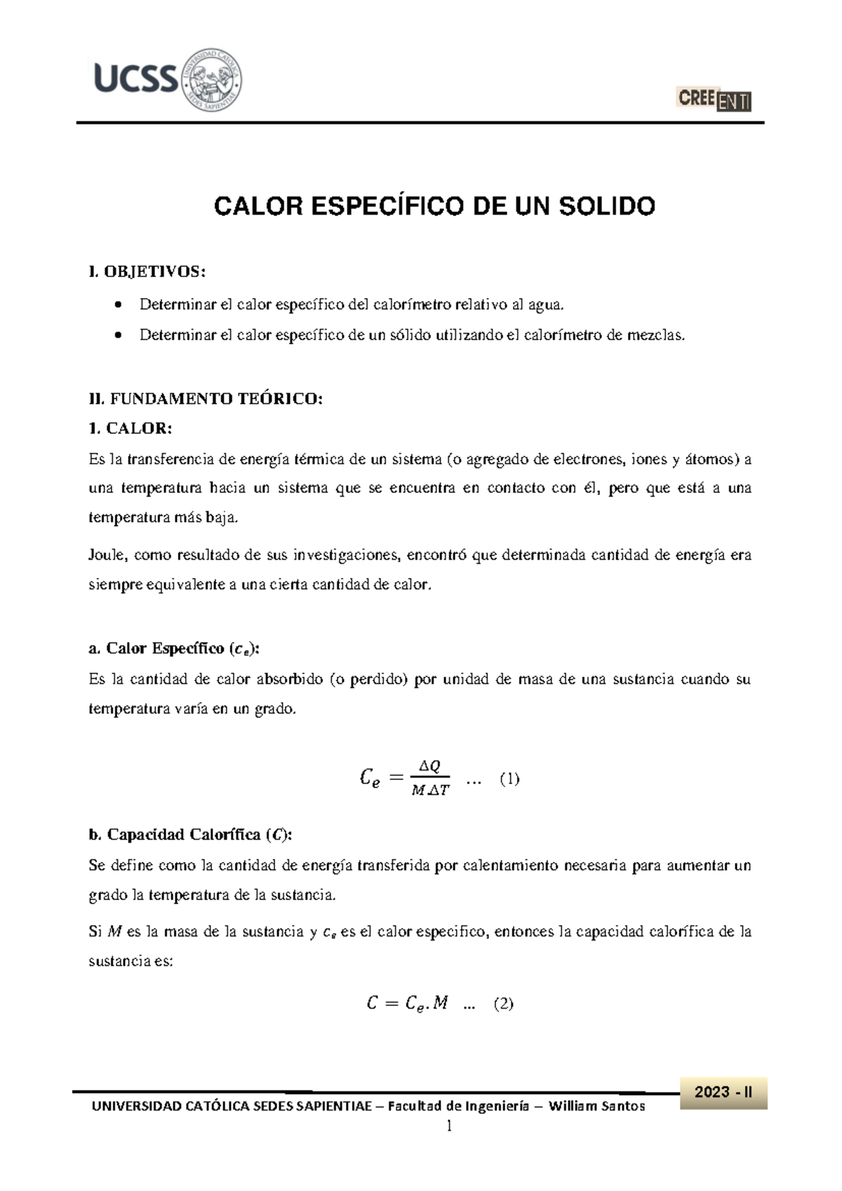 LAB. N°5 [Calor especifico de un solido] - UNIVERSIDAD CATÓLICA SEDES ...