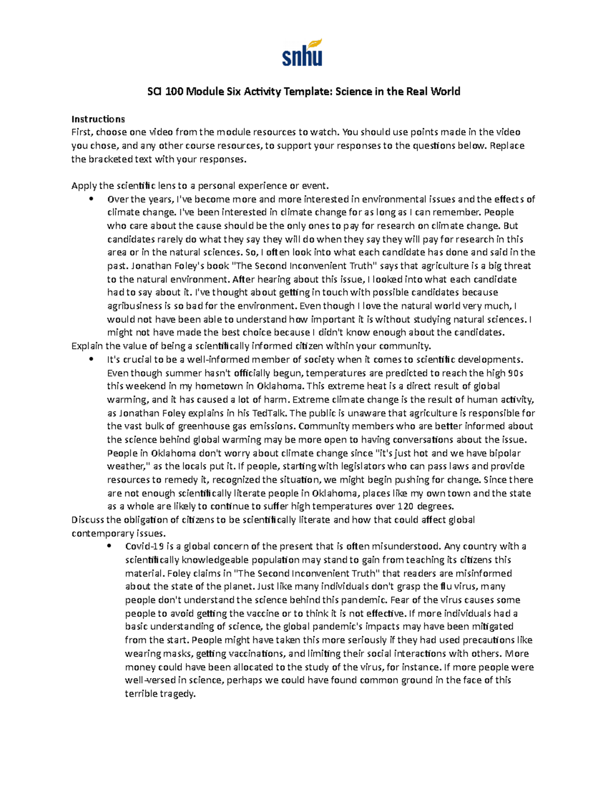 SCI 100 Module Six Activity Template - You should use points made in ...