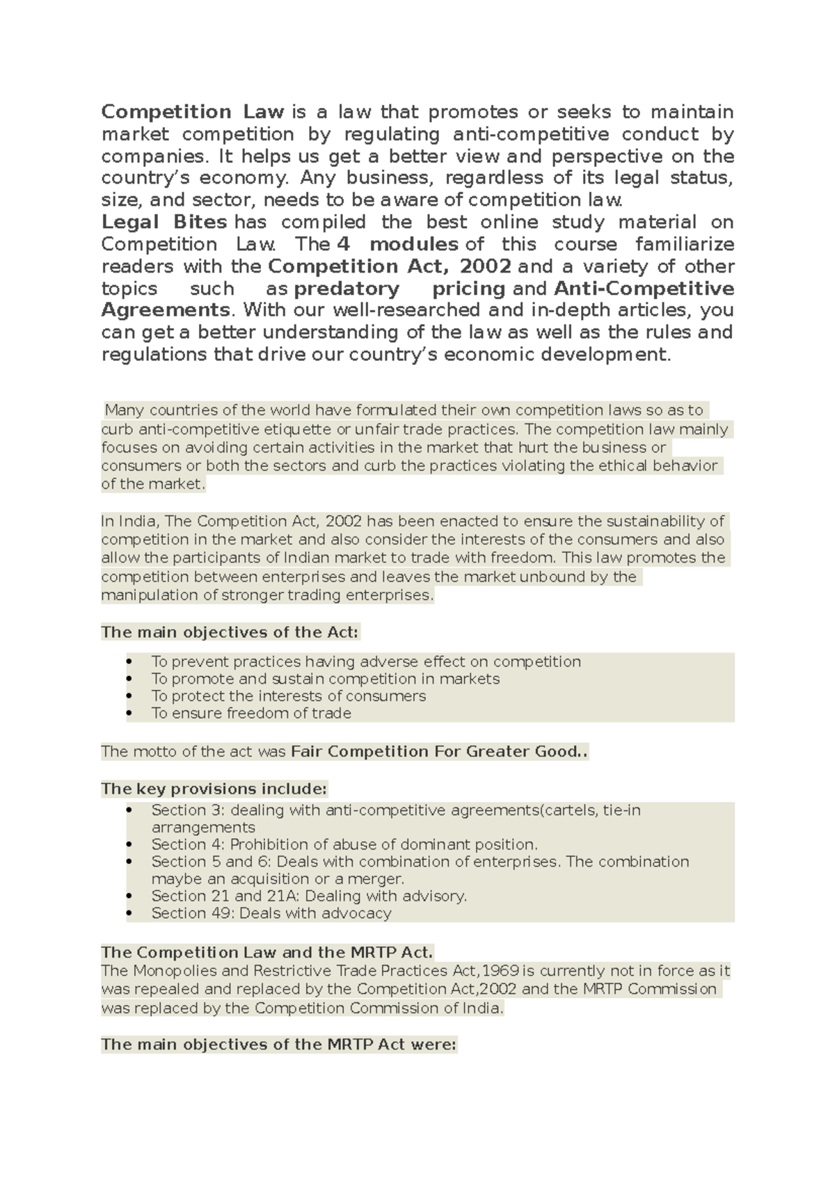 Competition law notes - Competition Law is a law that promotes or seeks ...