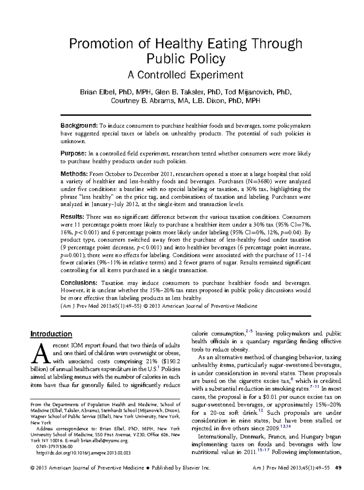 Promotion of Healthy Eating Through Public Policy information ...
