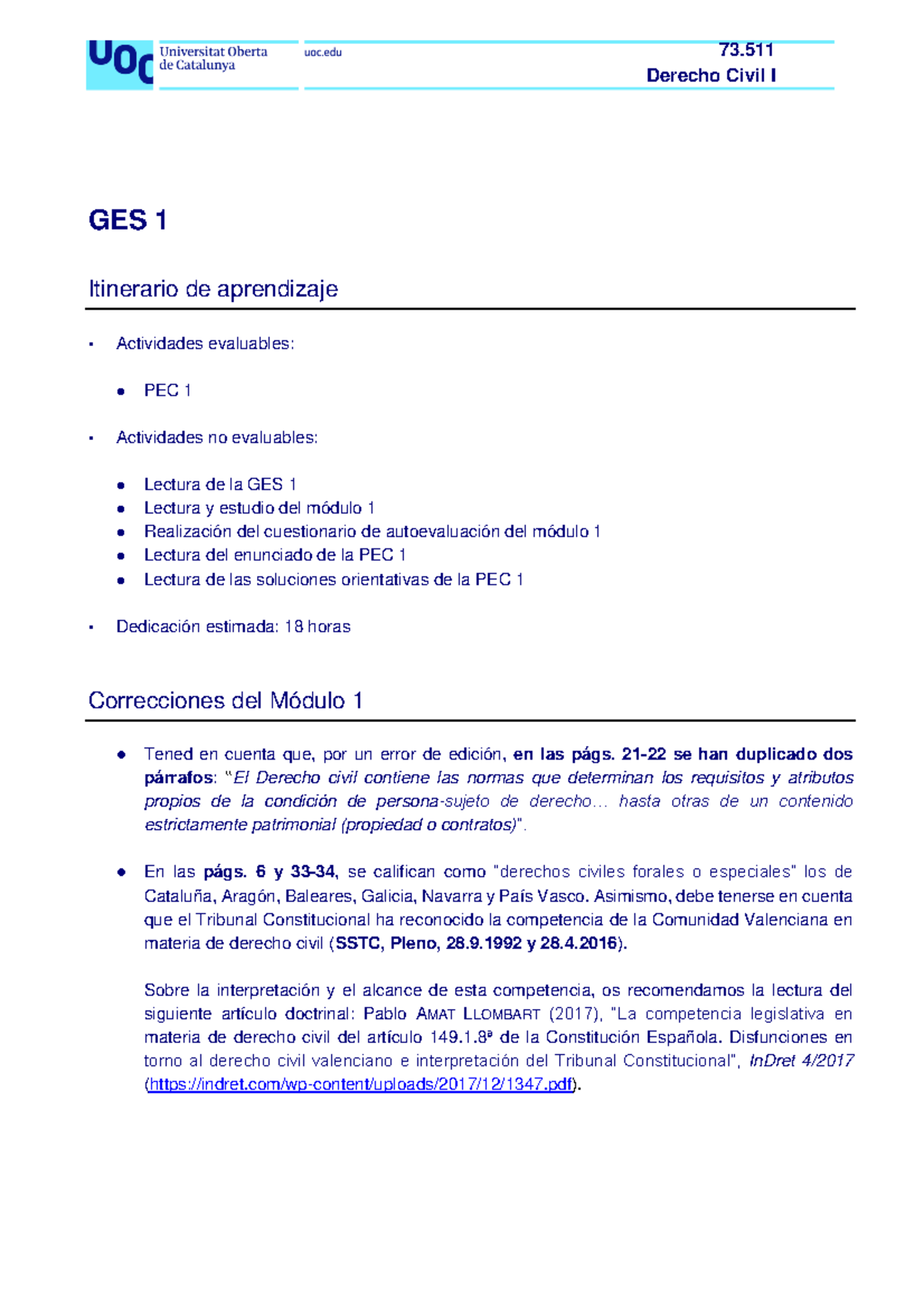 73511 GES1 2021-1. - 73. Derecho Civil I GES 1 Itinerario de aprendizaje Actividades evaluables ...