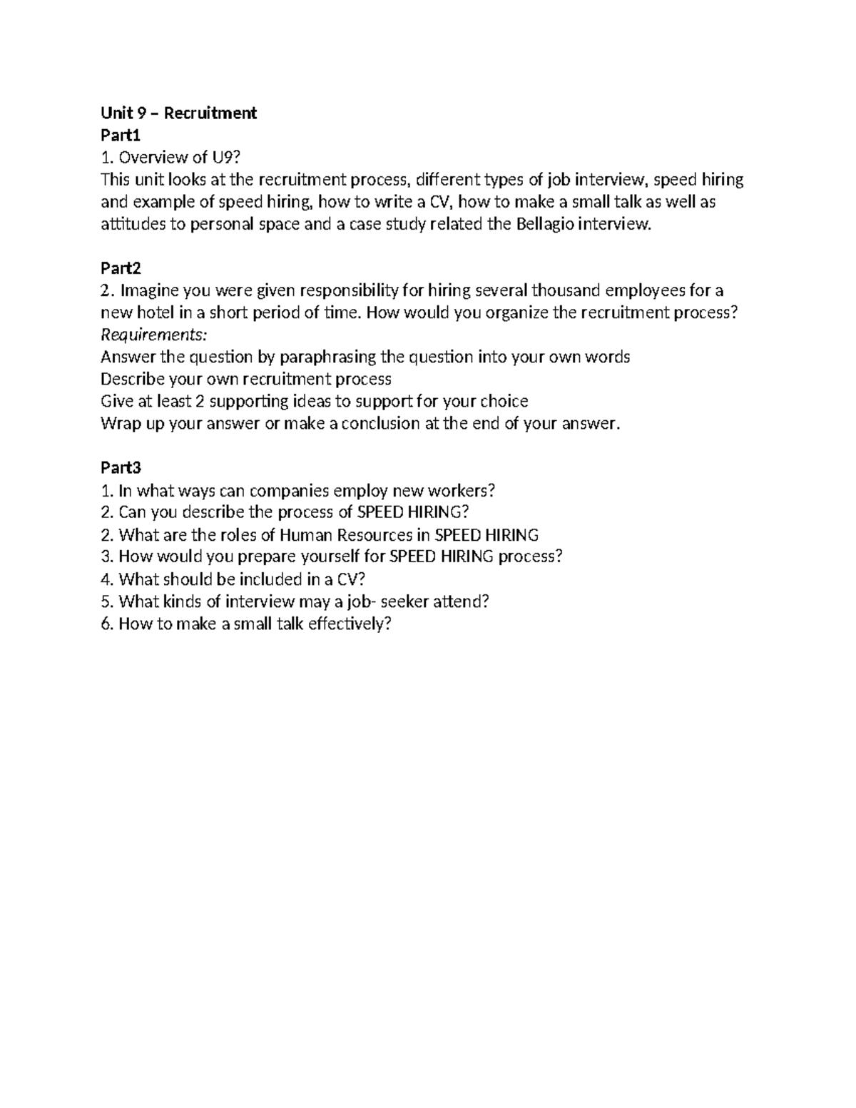 Unit 9- Recruitment - INTELLIGENT BUSINESS UNIT 9 - Unit 9 – Recruitment Part Overview of U9 ...