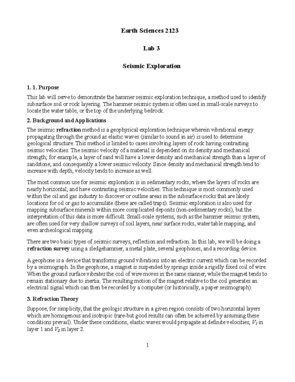ES 2123 - Lab 3 Seismic Exploration - Earth Sciences 2123 Lab 3 Seismic ...