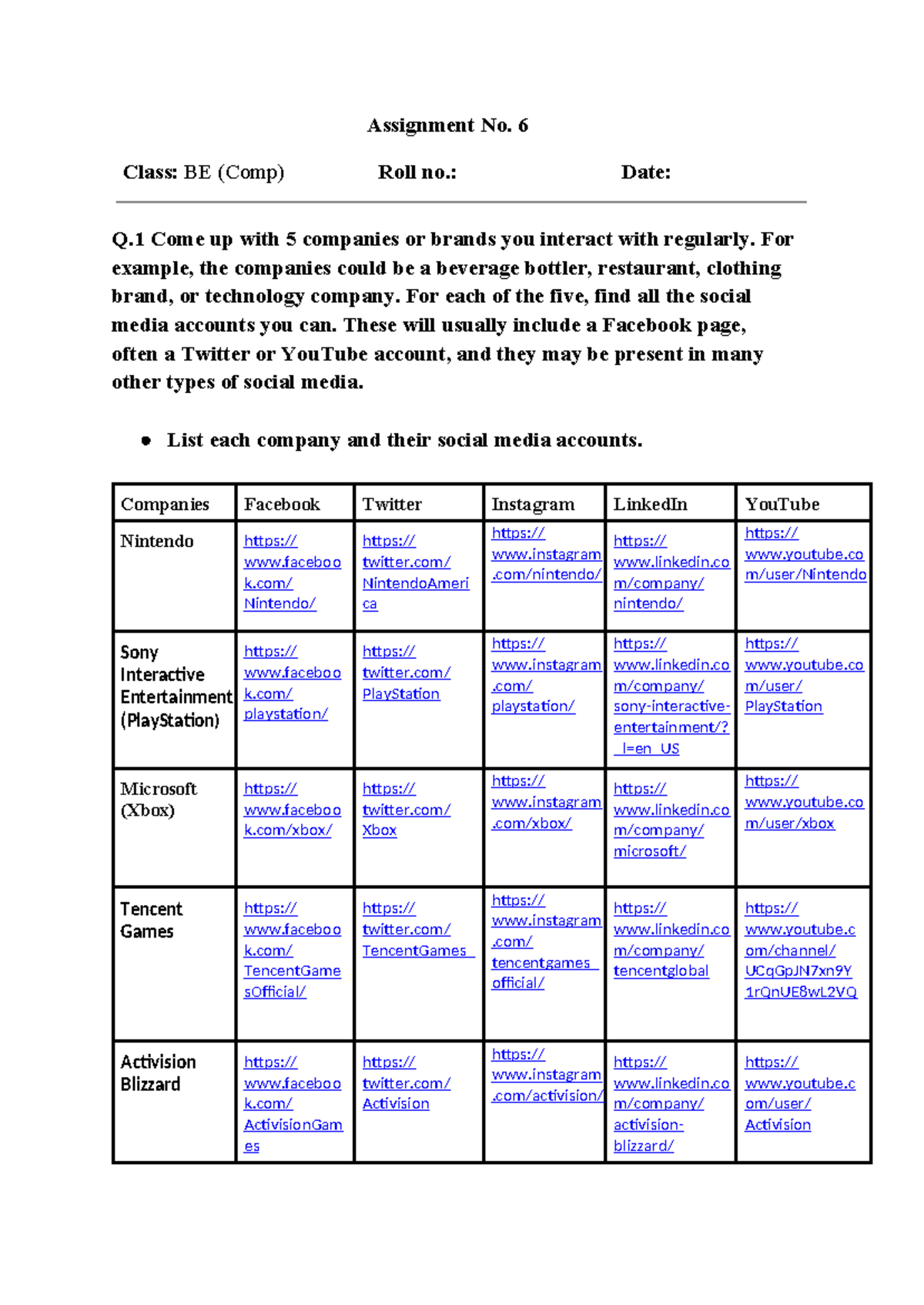 SMA Assign 6 (2) (2) - Assignment No. 6 Class: BE (Comp) Roll no.: Date: Q Come up with 5 ...
