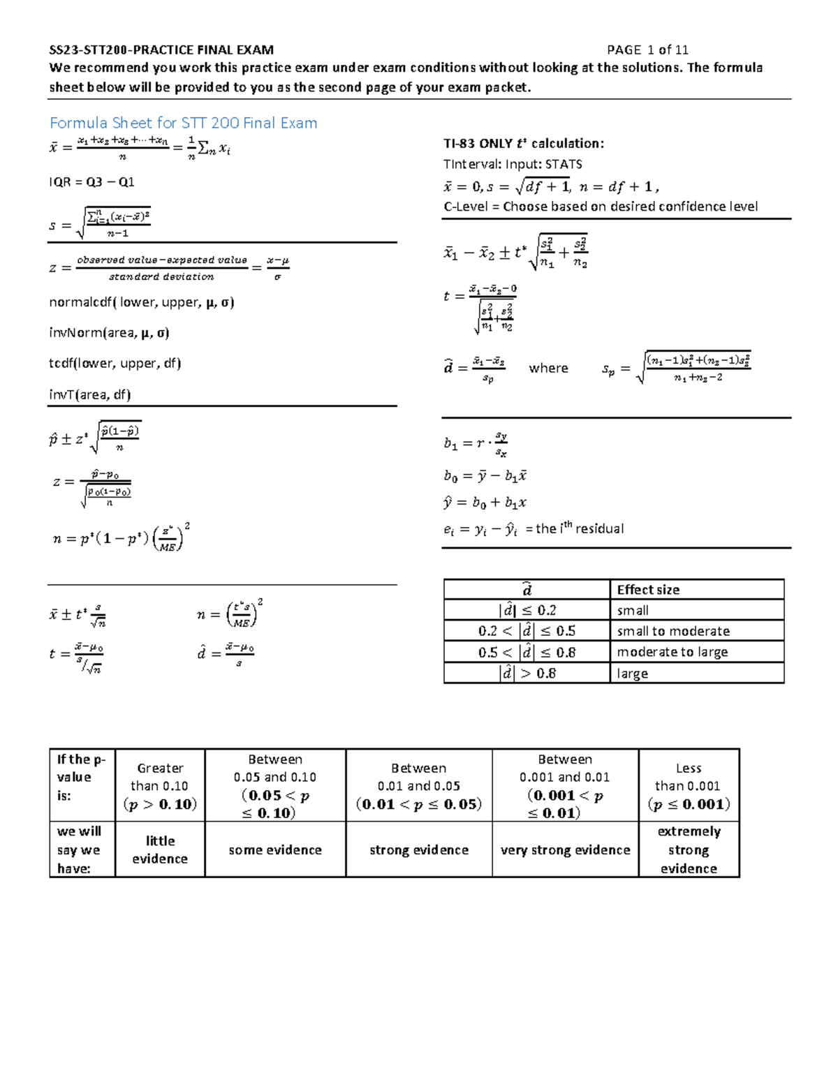 SS23-STT200 Practice Final Exam - We recommend you work this practice ...