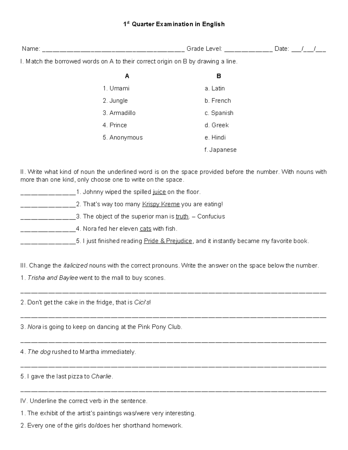 ENG6 1st Quarter Examination - 1 st Quarter Examination in English Name ...