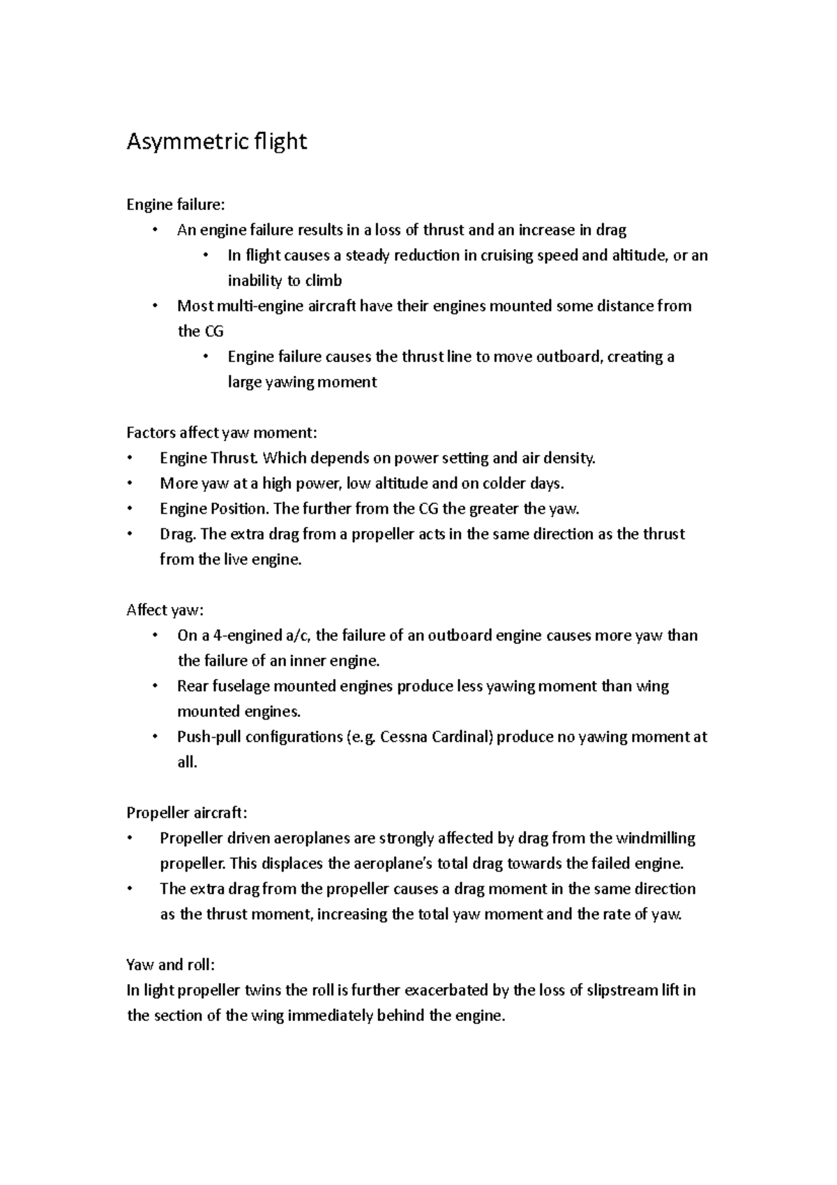 Asymmetric flight - Asymmetric flight Engine failure: - An engine ...