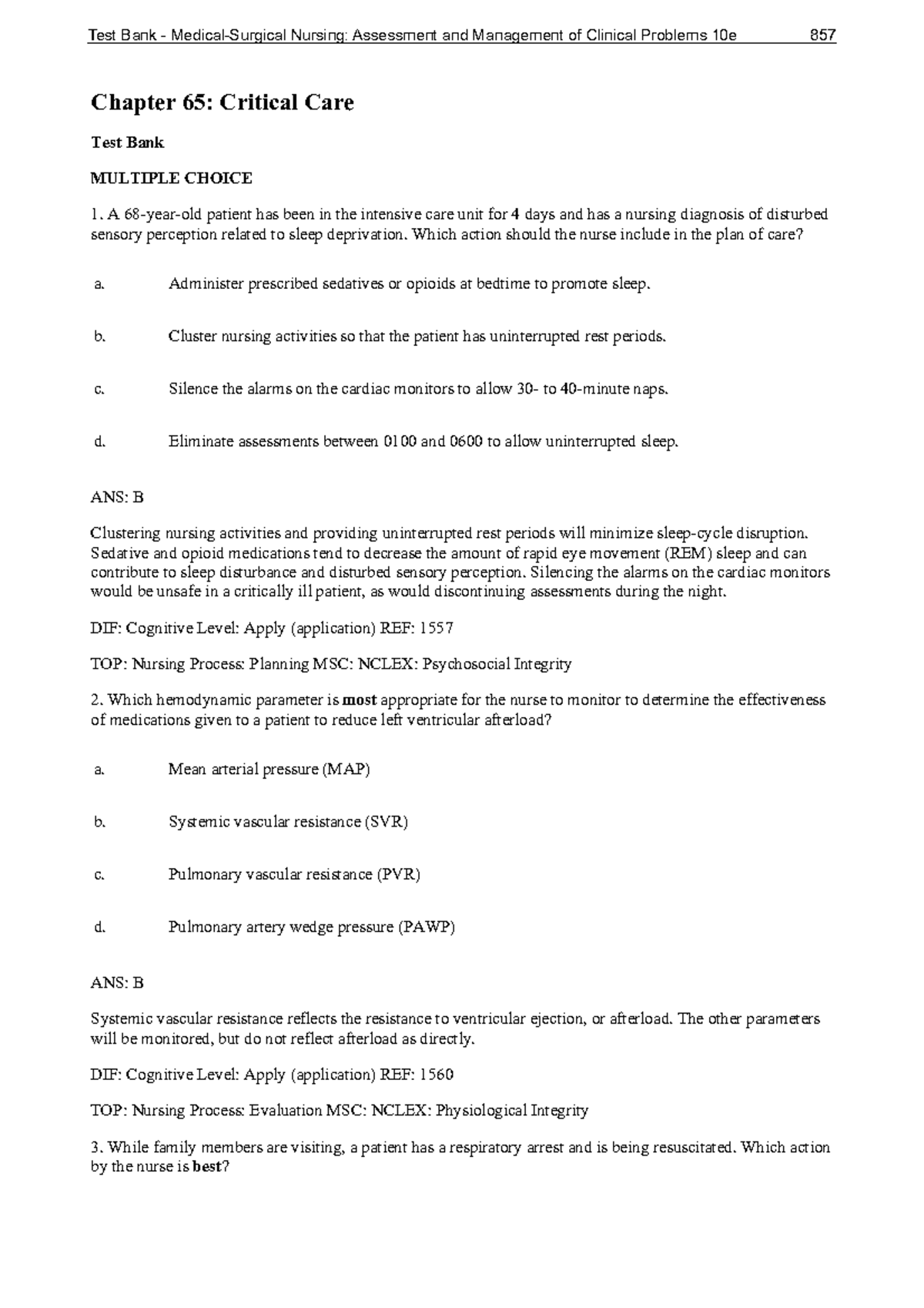 Chapter 65 Critical Care - Chapter 65: Critical Care Test Bank MULTIPLE ...