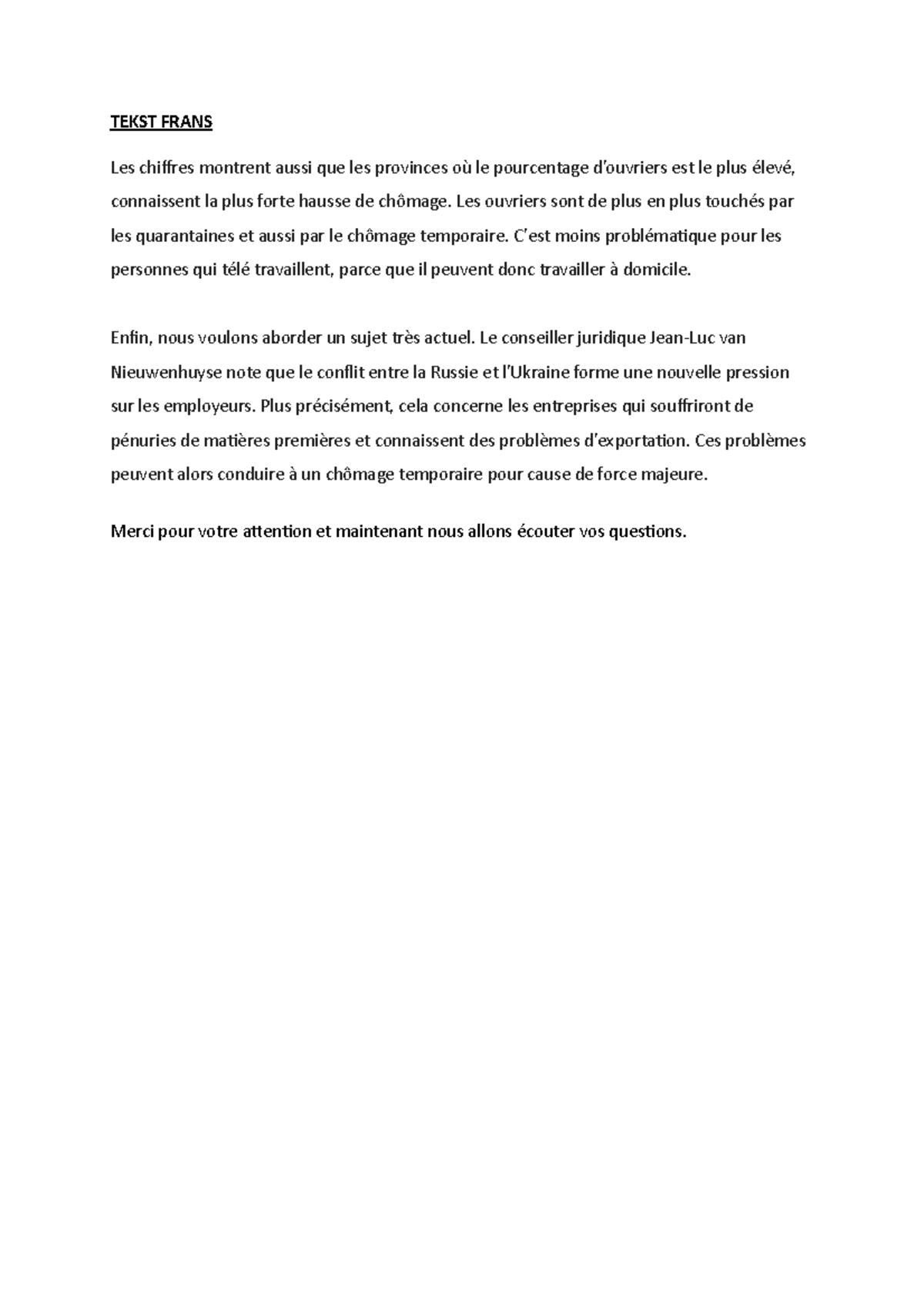 Tekst Frans - TEKST FRANS Les chiffres montrent aussi que les provinces où le pourcentage d ...