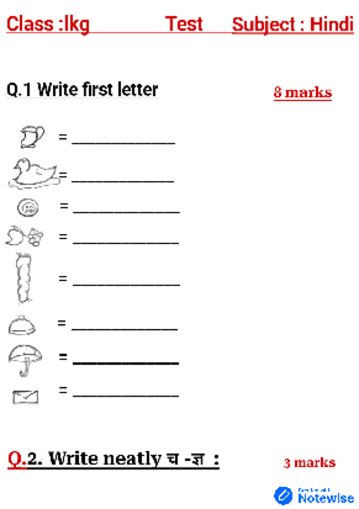 Class lkg test paper - hindi - Class :lkg Test Subject: Hindi Q Write ...