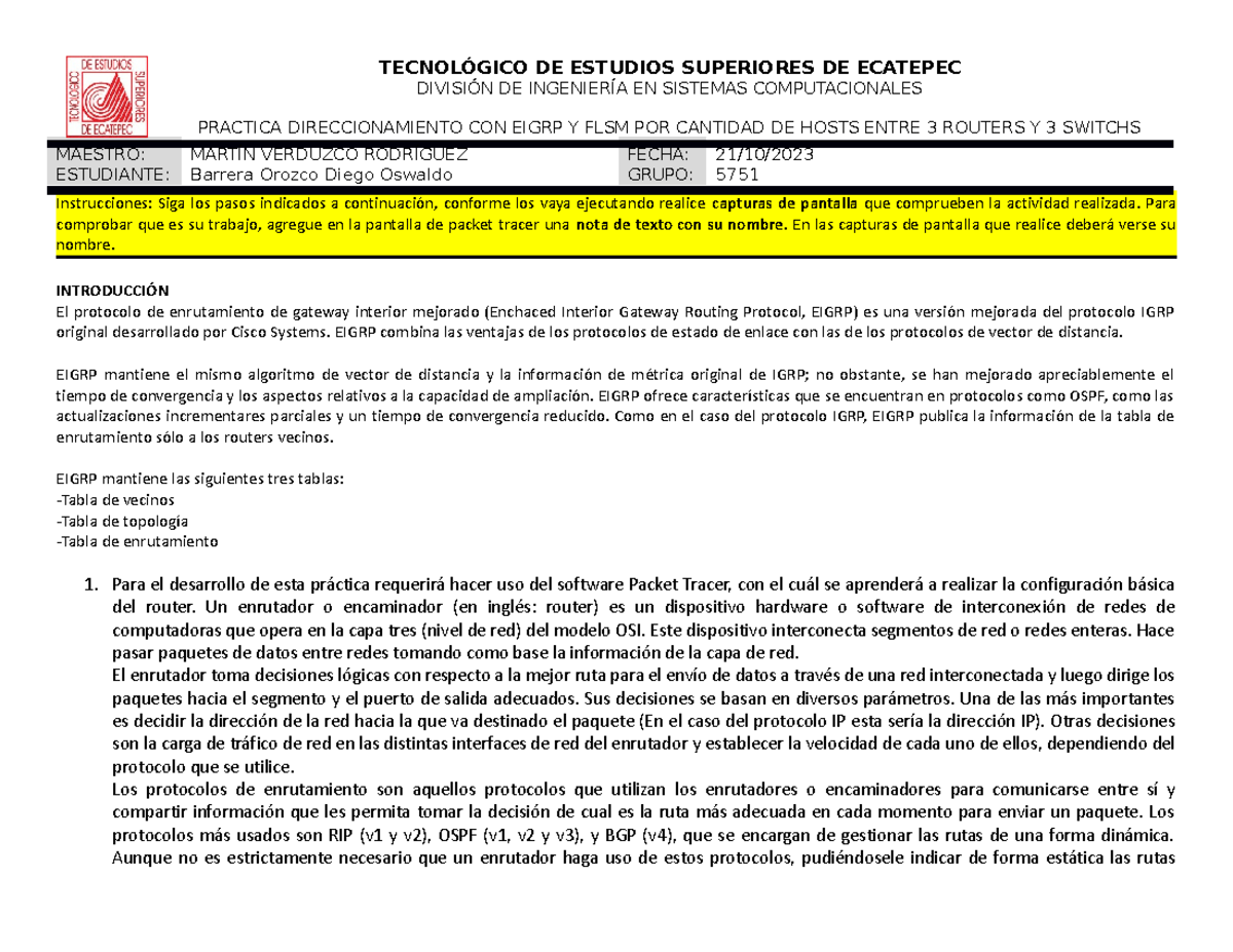 Practica configuracion router con Eigrp y FLSM por hosts - TECNOLÓGICO ...
