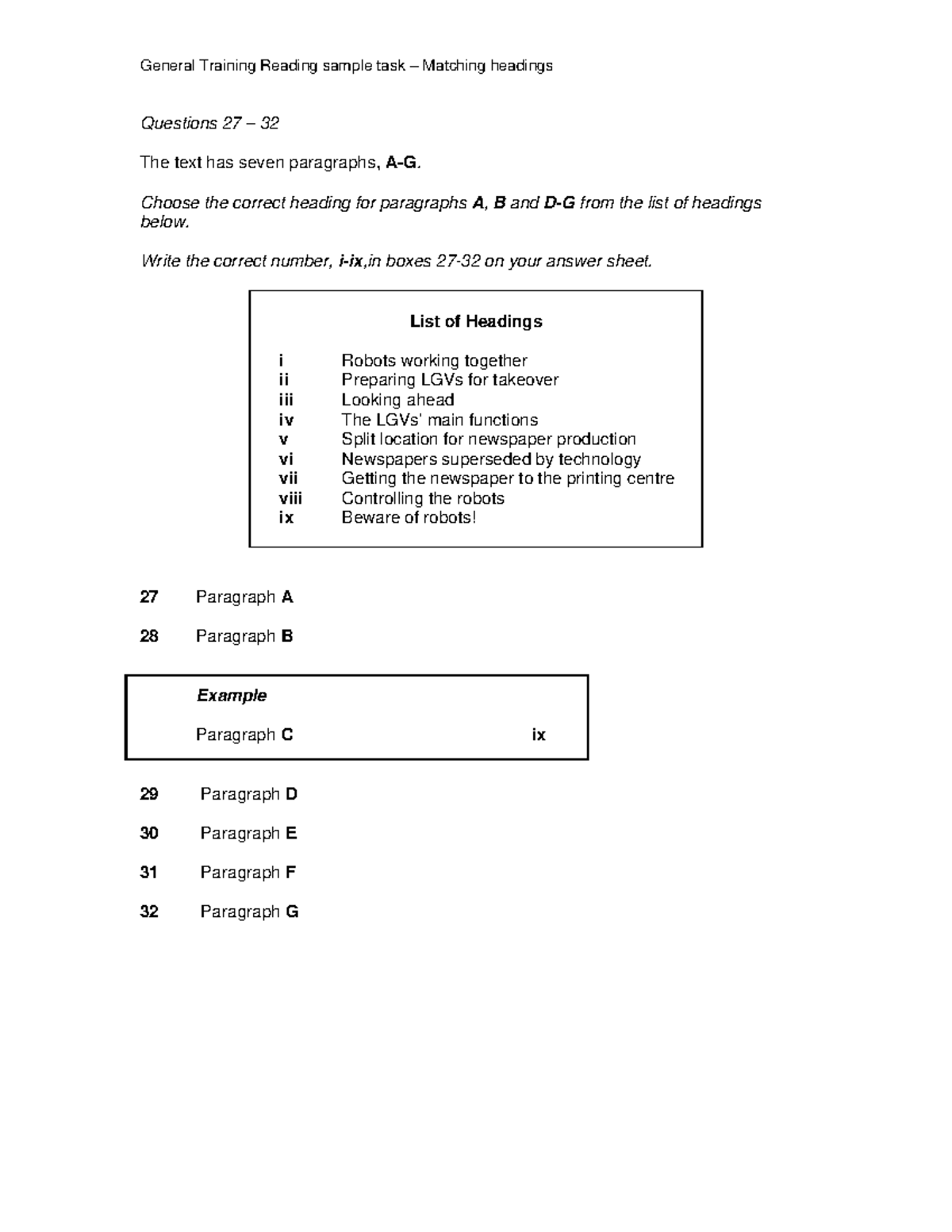 Reading sample task matching headings - General Training Reading sample ...