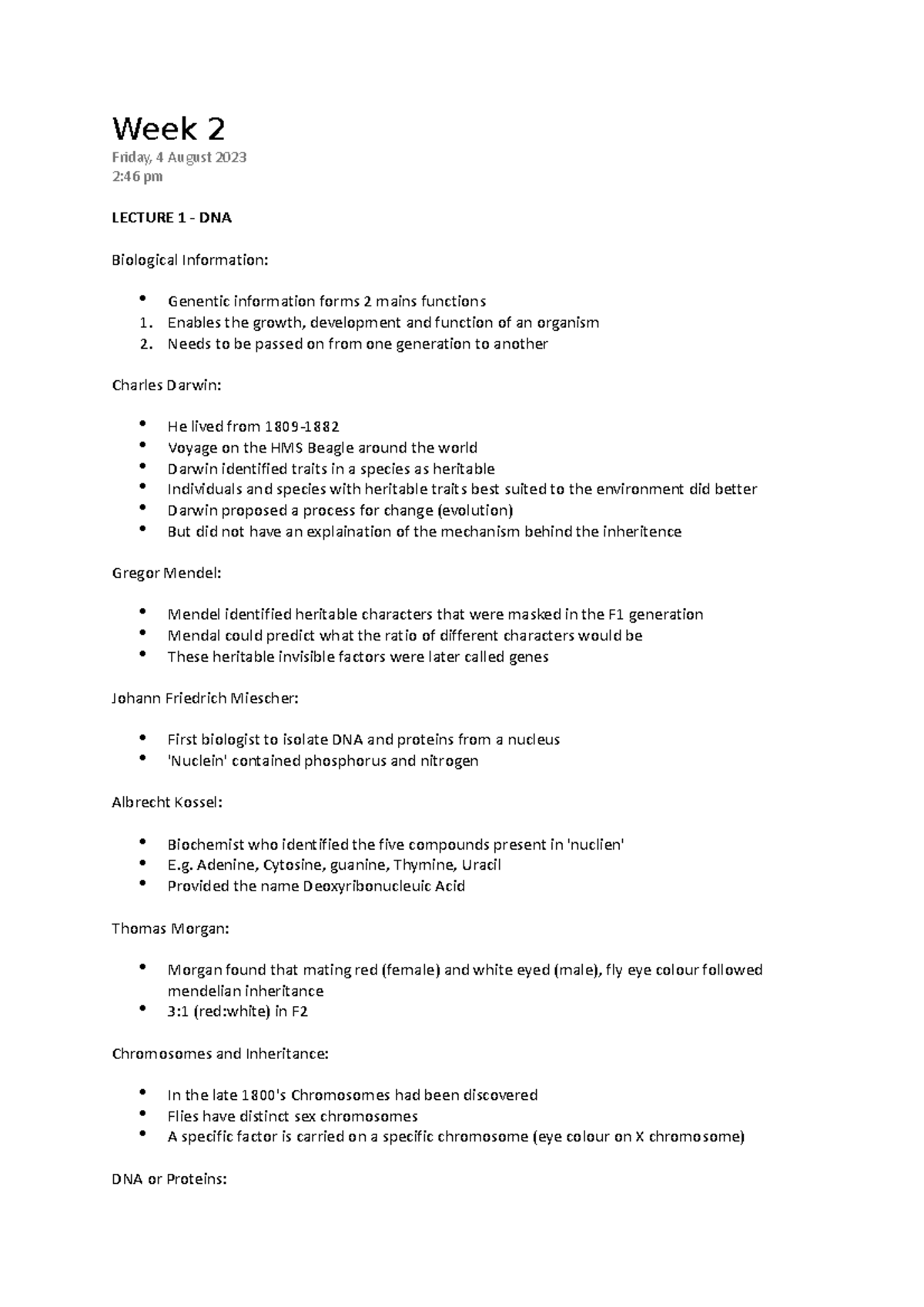 Week 2 Lecture Summaries - Week 2 Friday, 4 August 2023 2:46 pm LECTURE 1 - DNA Biological - Studocu