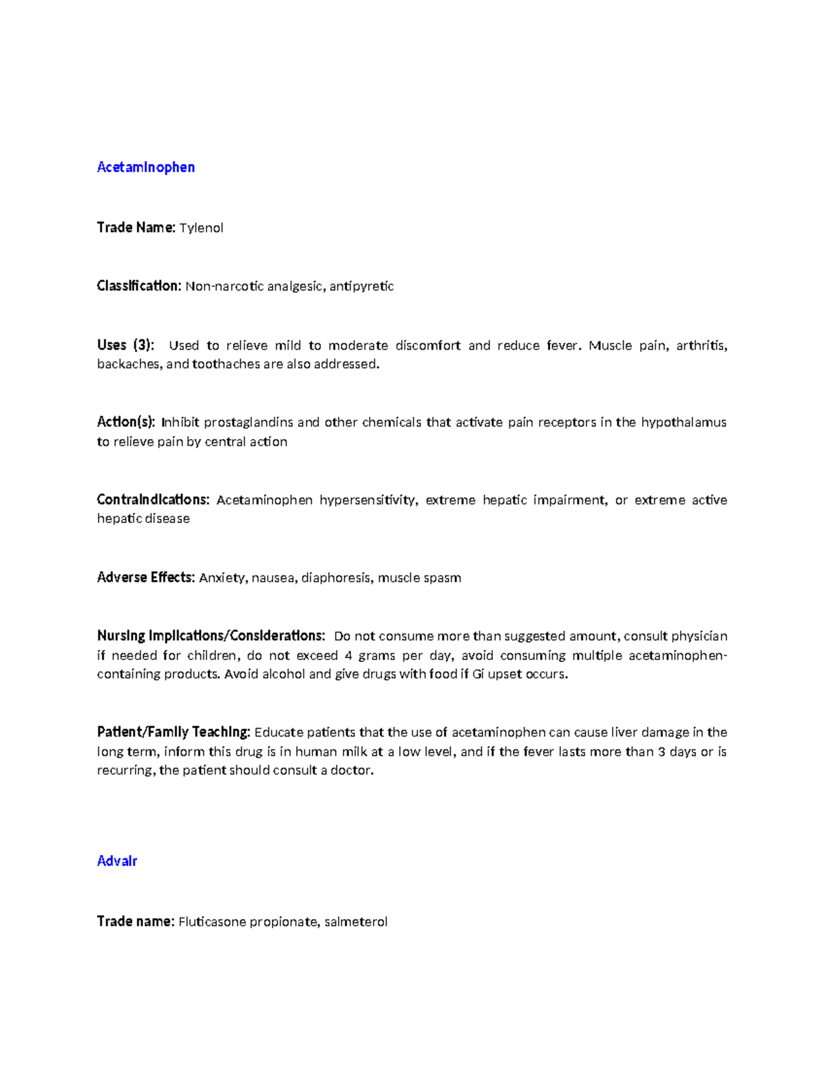 Drug cards - Acetaminophen Trade Name: Tylenol Classification: Non ...
