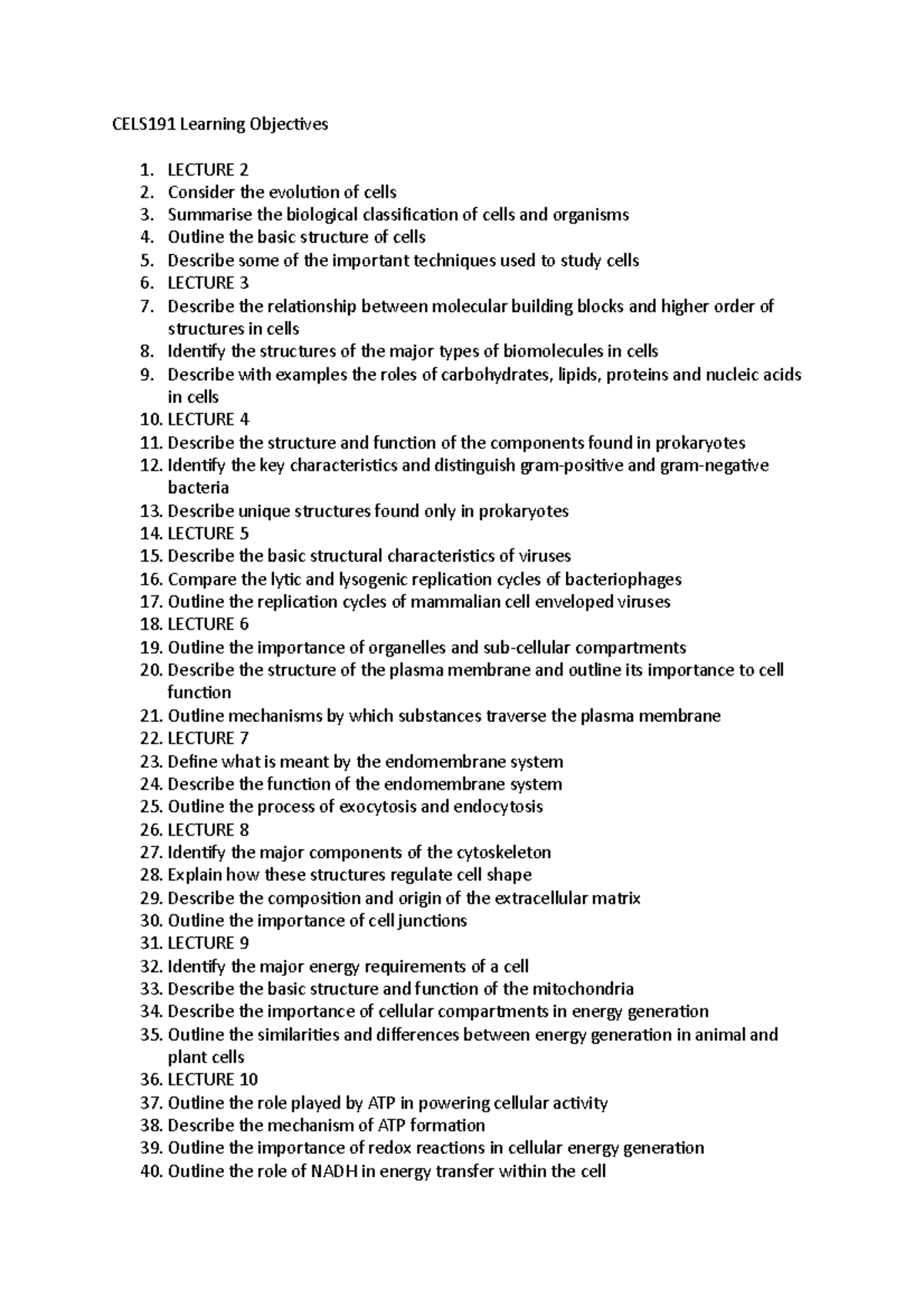 CELS191 Learning Objectives - CELS191 Learning Objecives LECTURE 2 Consider the evoluion of ...