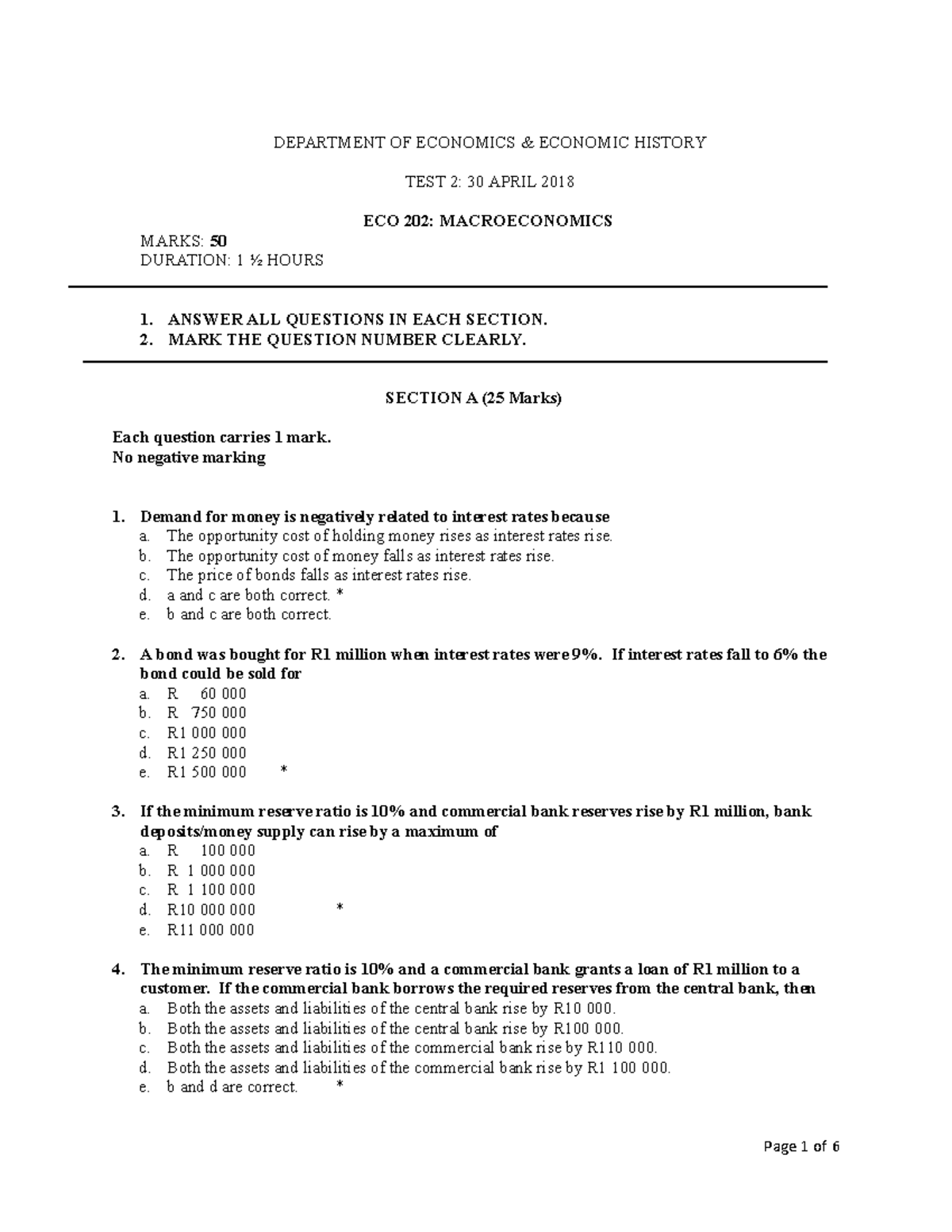 Economics Test 2 - DEPARTMENT OF ECONOMICS & ECONOMIC HISTORY TEST 2: ...