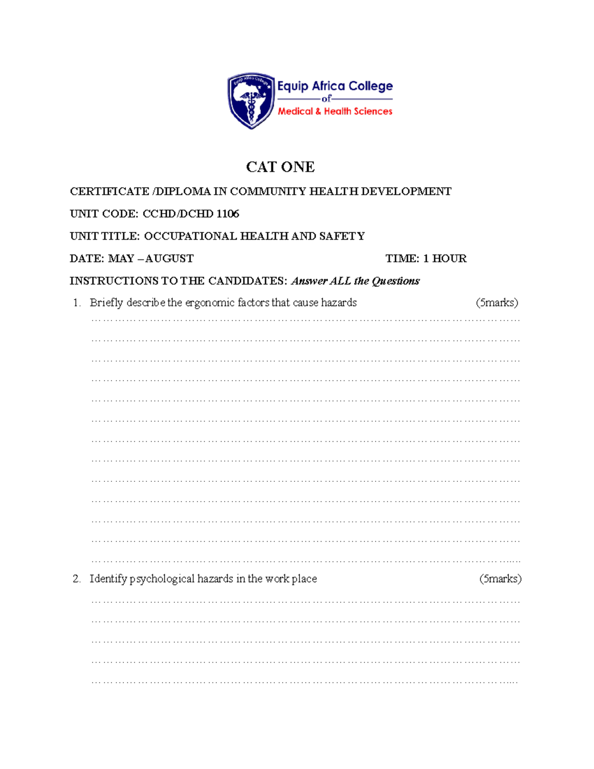 Occupational Safety AND Health Practices CAT - CAT ONE CERTIFICATE ...