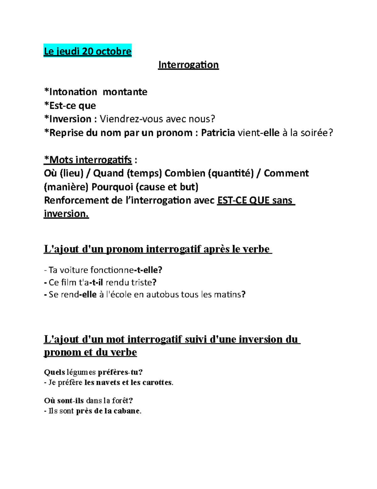 FRS 1404 Le 20 octobre - Le jeudi 20 octobre Interrogation *Intonation ...
