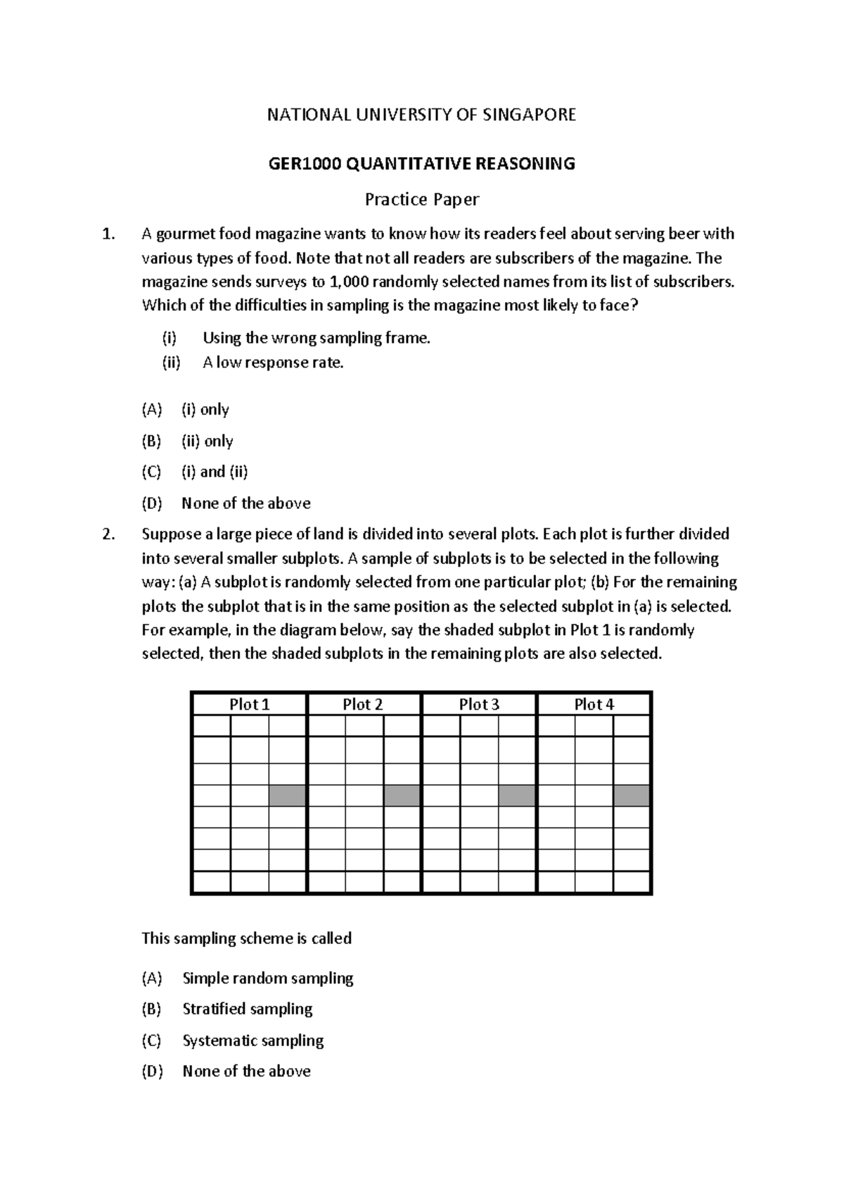 Practice 1 - NATIONAL UNIVERSITY OF SINGAPORE GER1000 QUANTITATIVE ...