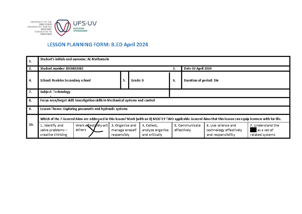 Tegt 3605 lesson plan - LESSON PLANNING FORM: B April 2024 1. Student’s ...