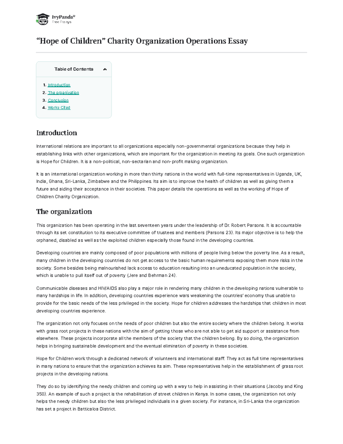 Hope of Children Charity Organization Operations - 839 Words Essay ...