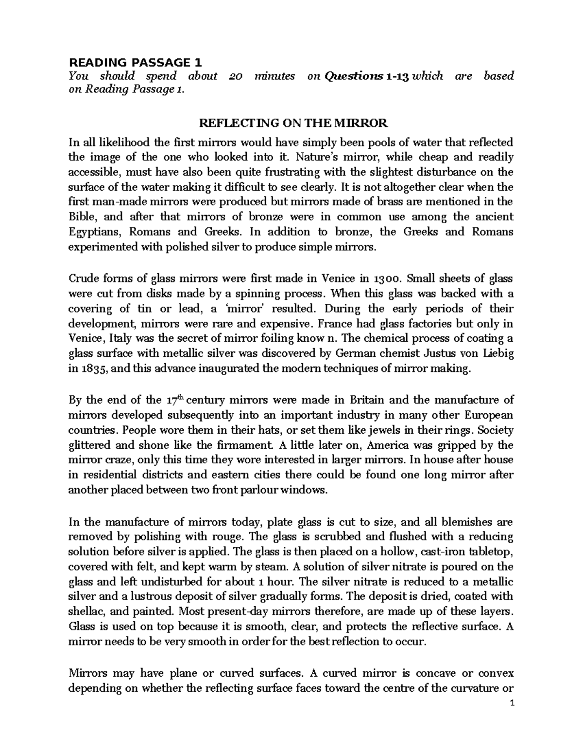 Academic Reading Reflecting ON THE Mirror - READING PASSAGE 1 You ...