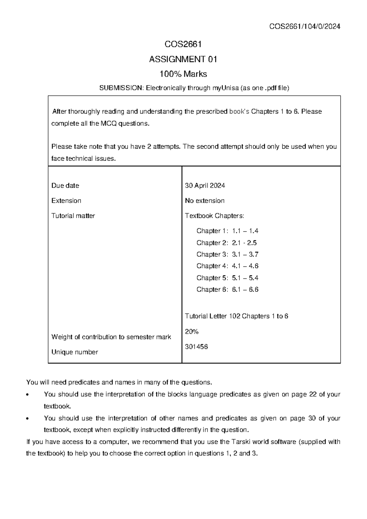 Assessment 1 solutions - COS2661/10 4 / 0 /202 4 COS ASSIGNMENT 0 1 100 ...