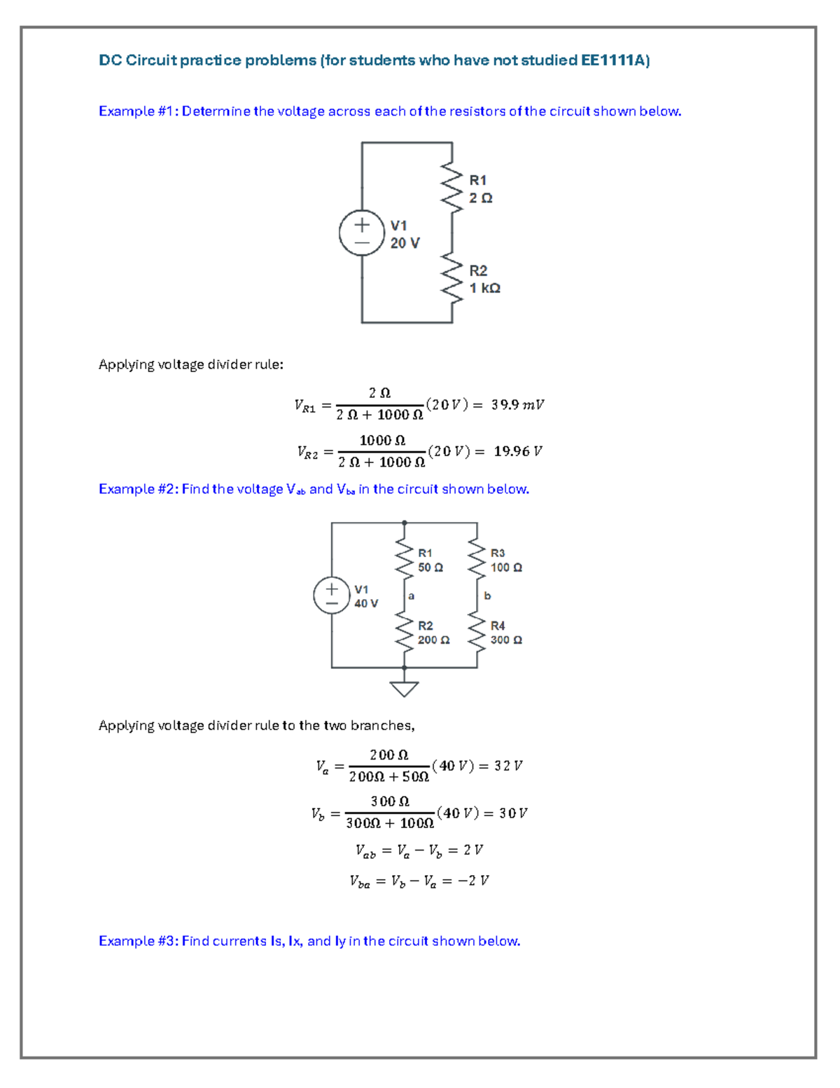 DC circuit practice problems for students who have not studied EE1111A ...