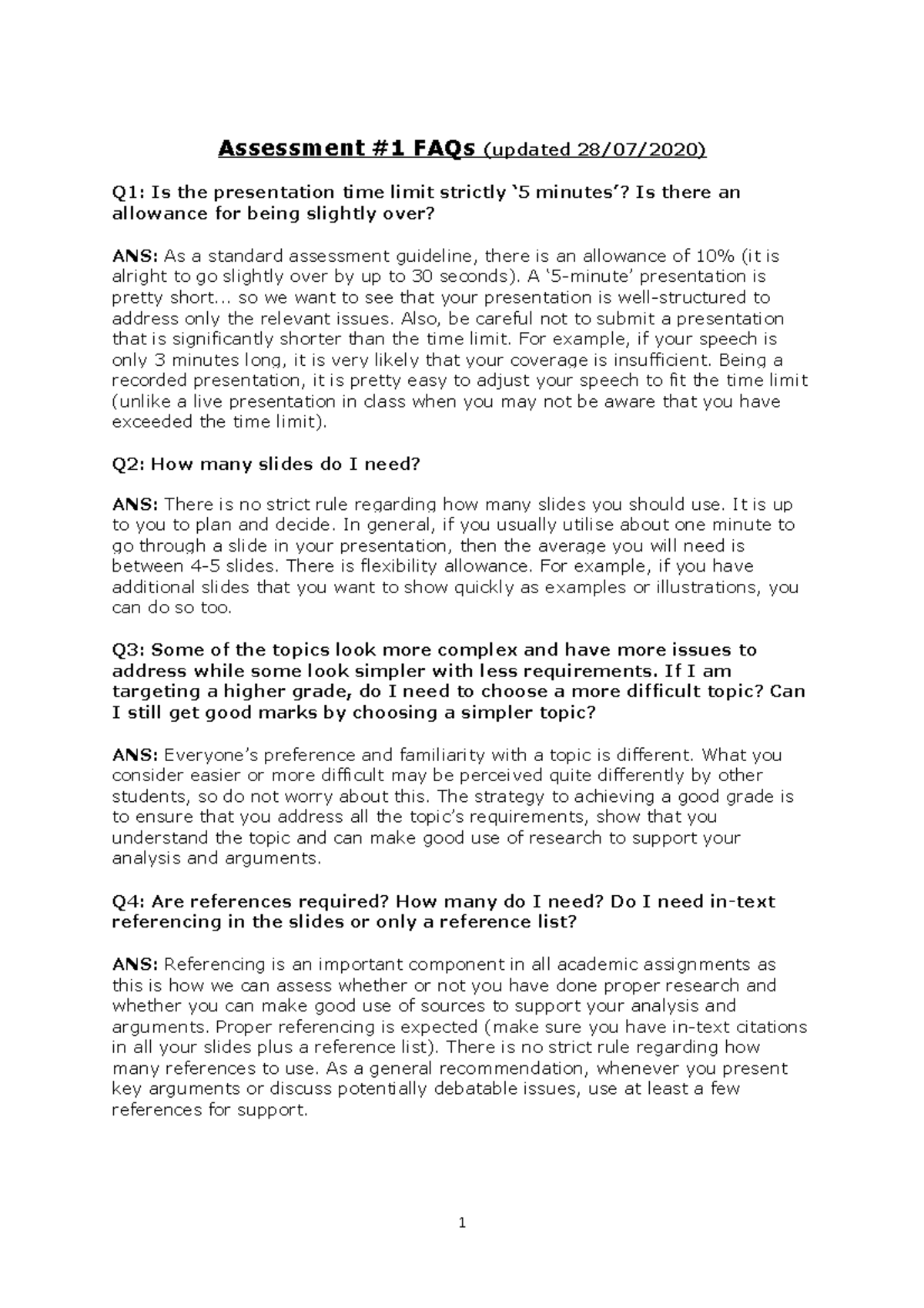 Assessment #1 FAQs (Semester 2, 2020) - Assessment #1 FAQs (updated 28 ...