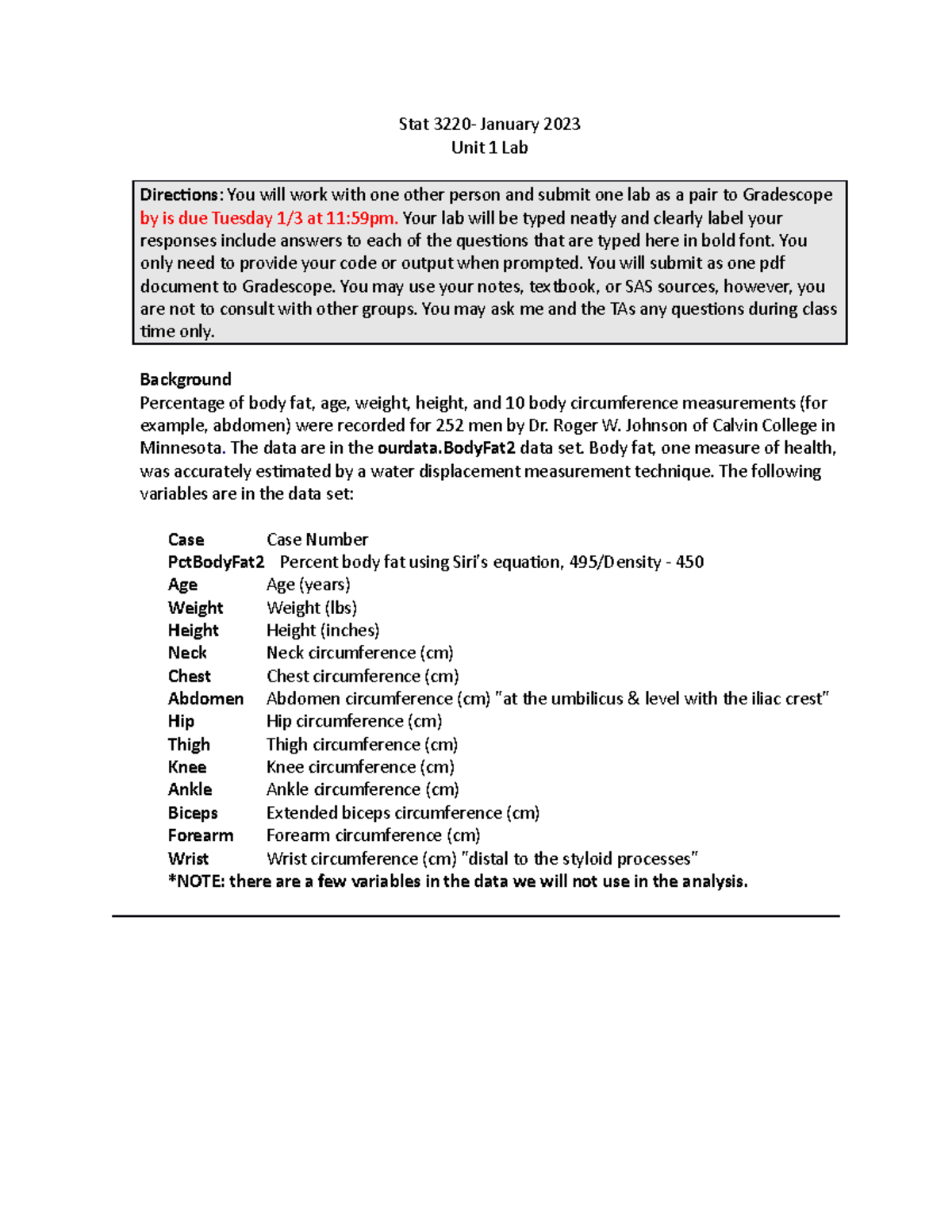 Unit 1 Multiple Regression Analysis Lab - Stat 3220- January 2023 Unit 1 Lab Directions: You ...