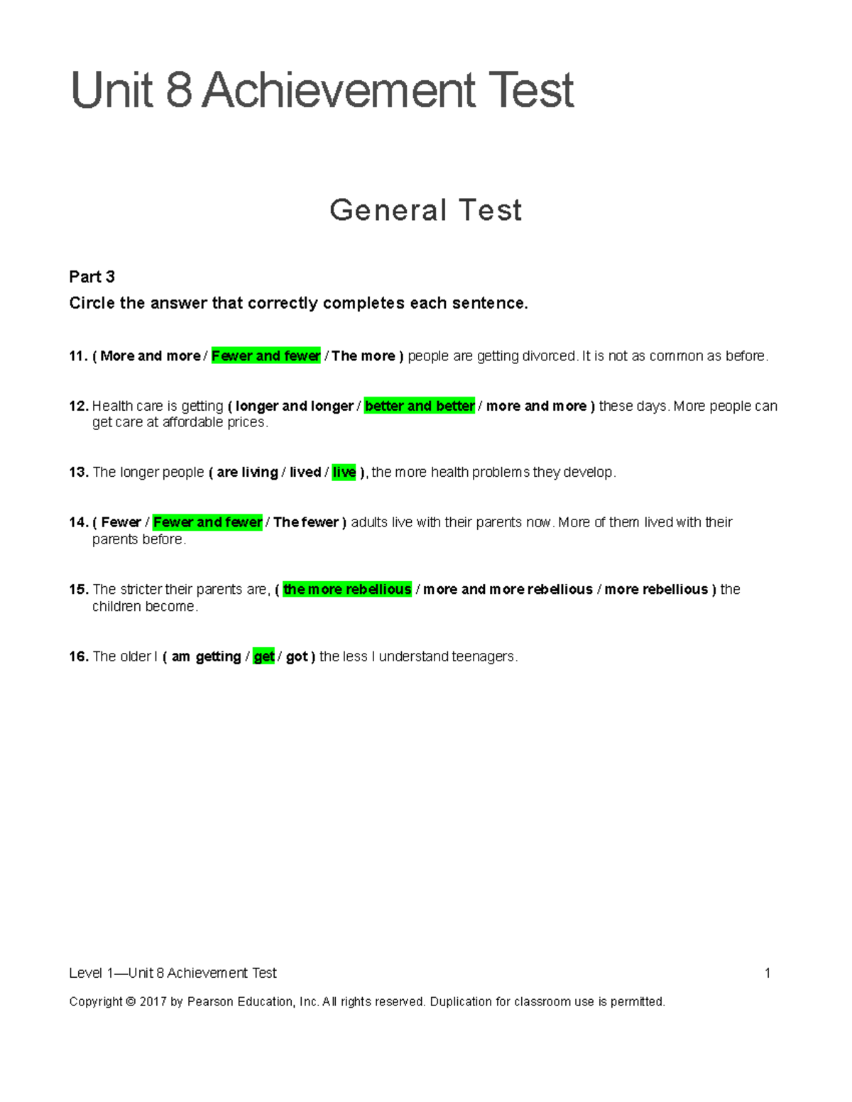 Summit 1 - Unit 8 Achievement Test - Unit 8 Achievement Test General ...