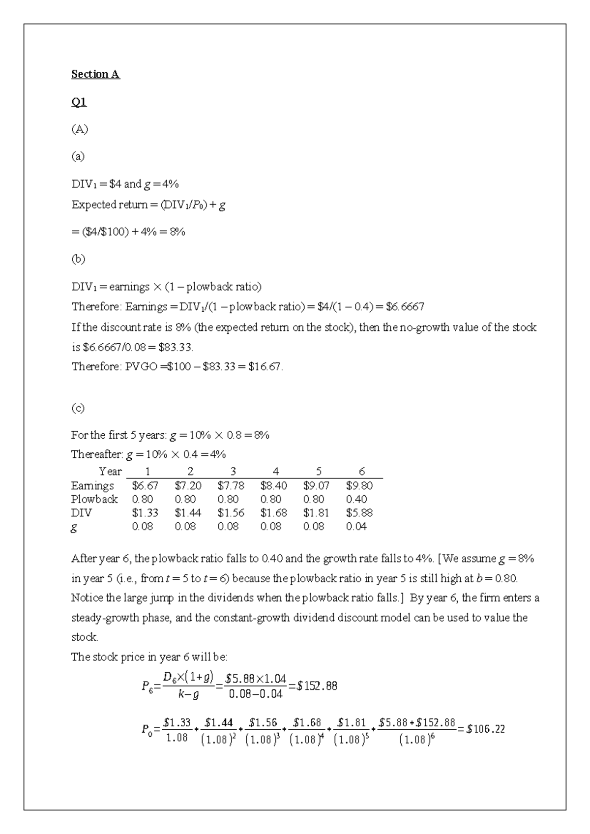 BBMF3304 Answer 20202021 - Section A Q (A) (a) DIV 1 = $4 and g = 4% ...