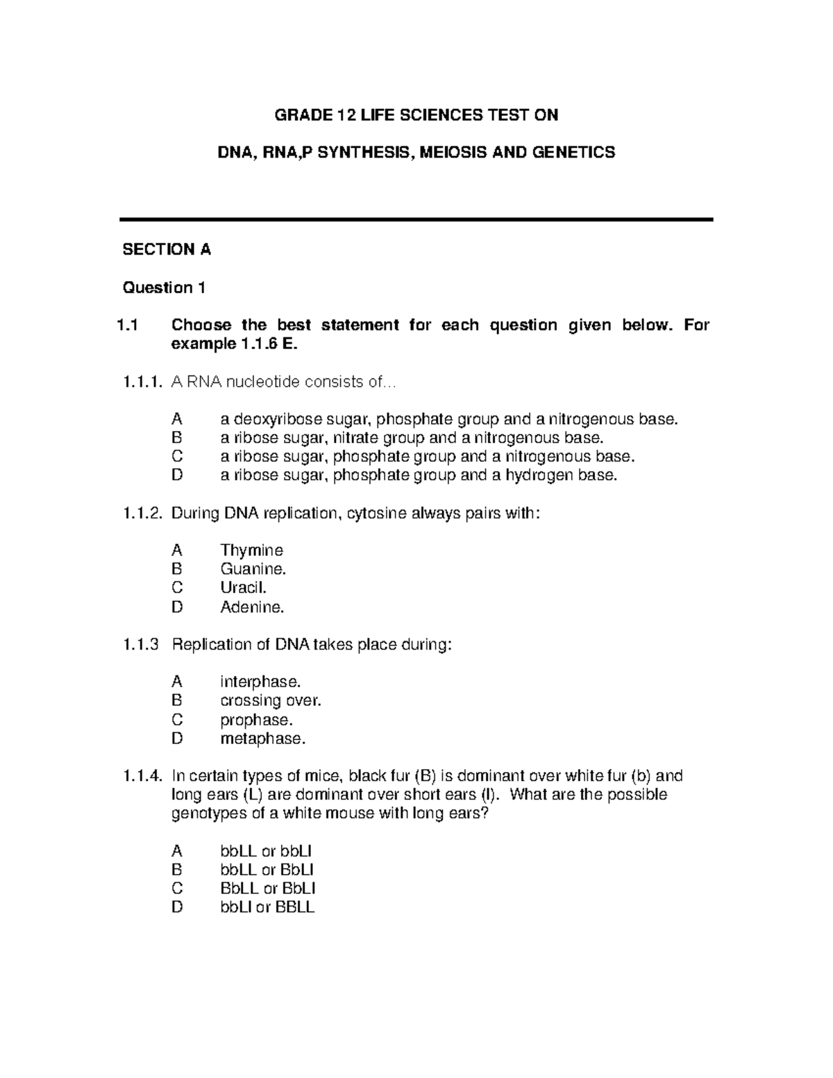 DNA RNA Meiosis Genetics TEST+MG - GRADE 12 LIFE SCIENCES TEST ON DNA ...