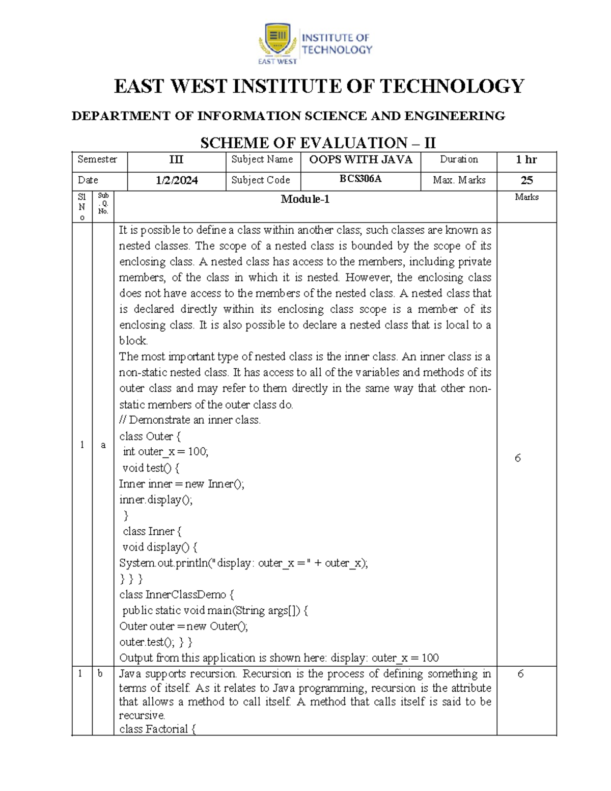 OOPS IA2 Answer Scheme - vsvs - EAST WEST INSTITUTE OF TECHNOLOGY ...