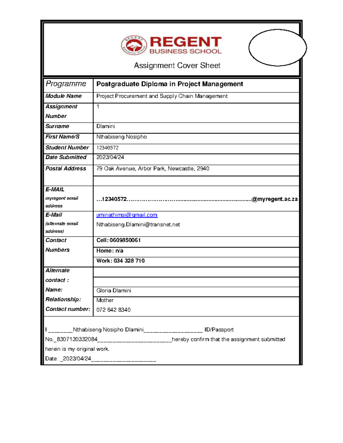 project quality - Assignment Cover Sheet Programme Postgraduate Diploma ...