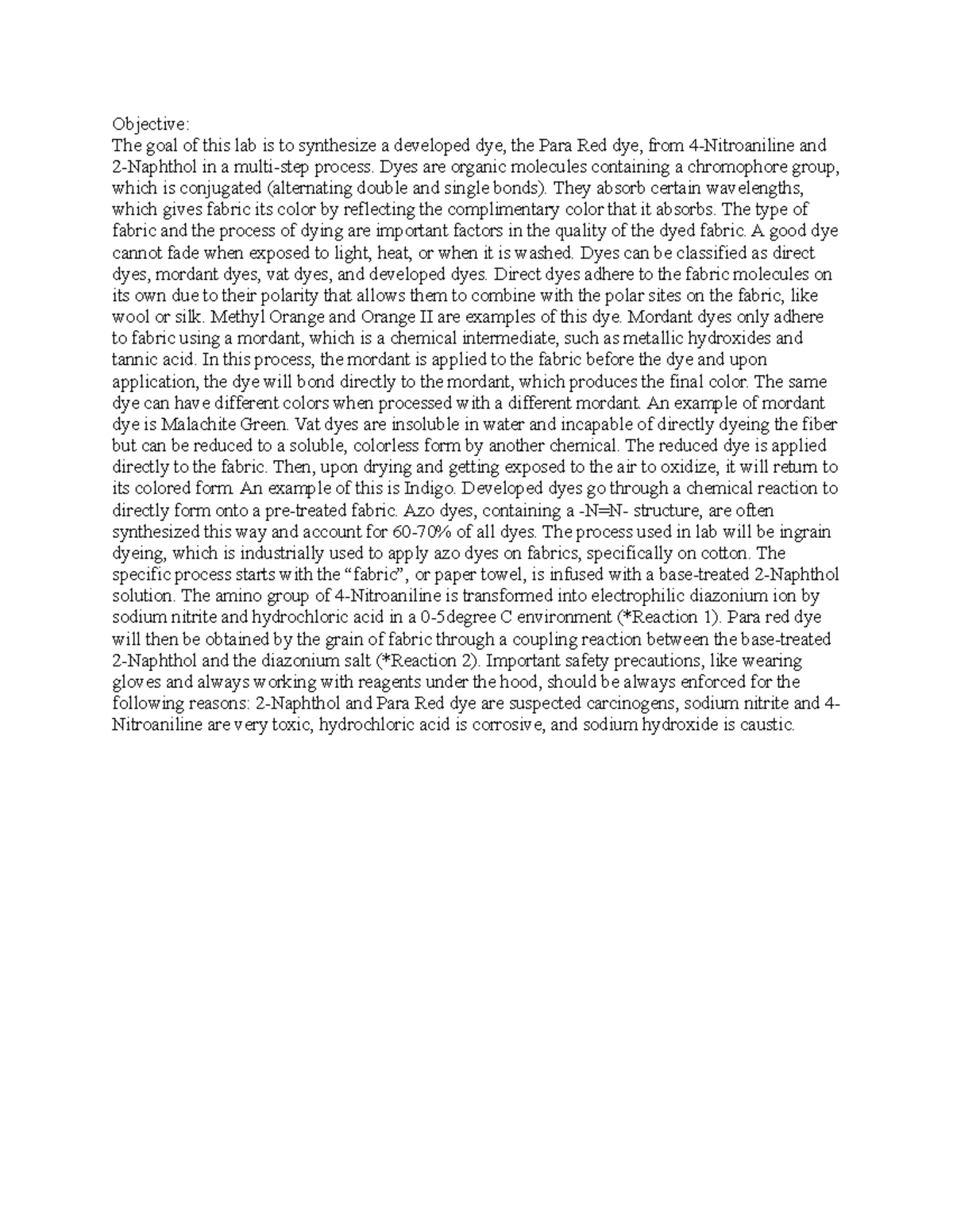 Dyes prelab - Objective: The goal of this lab is to synthesize a ...