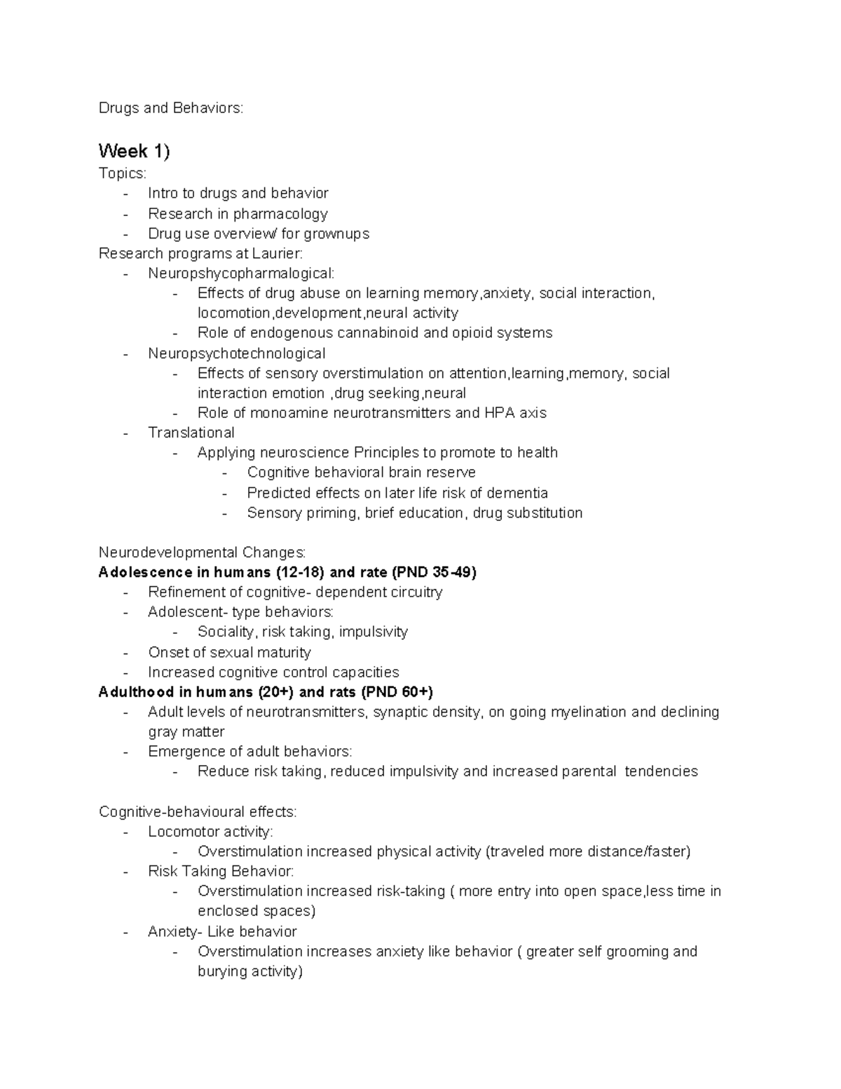 Drugs and behaviour - lecture notes - Drugs and Behaviors: Week 1 ...