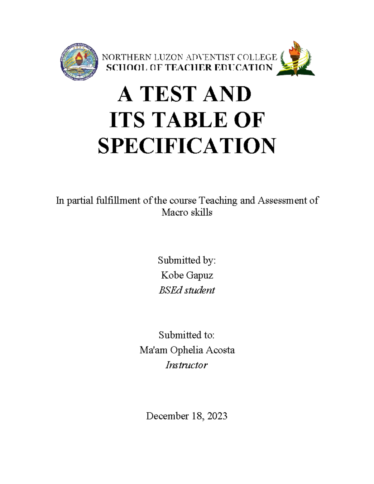 Table of specifications for english - A TEST AND ITS TABLE OF ...